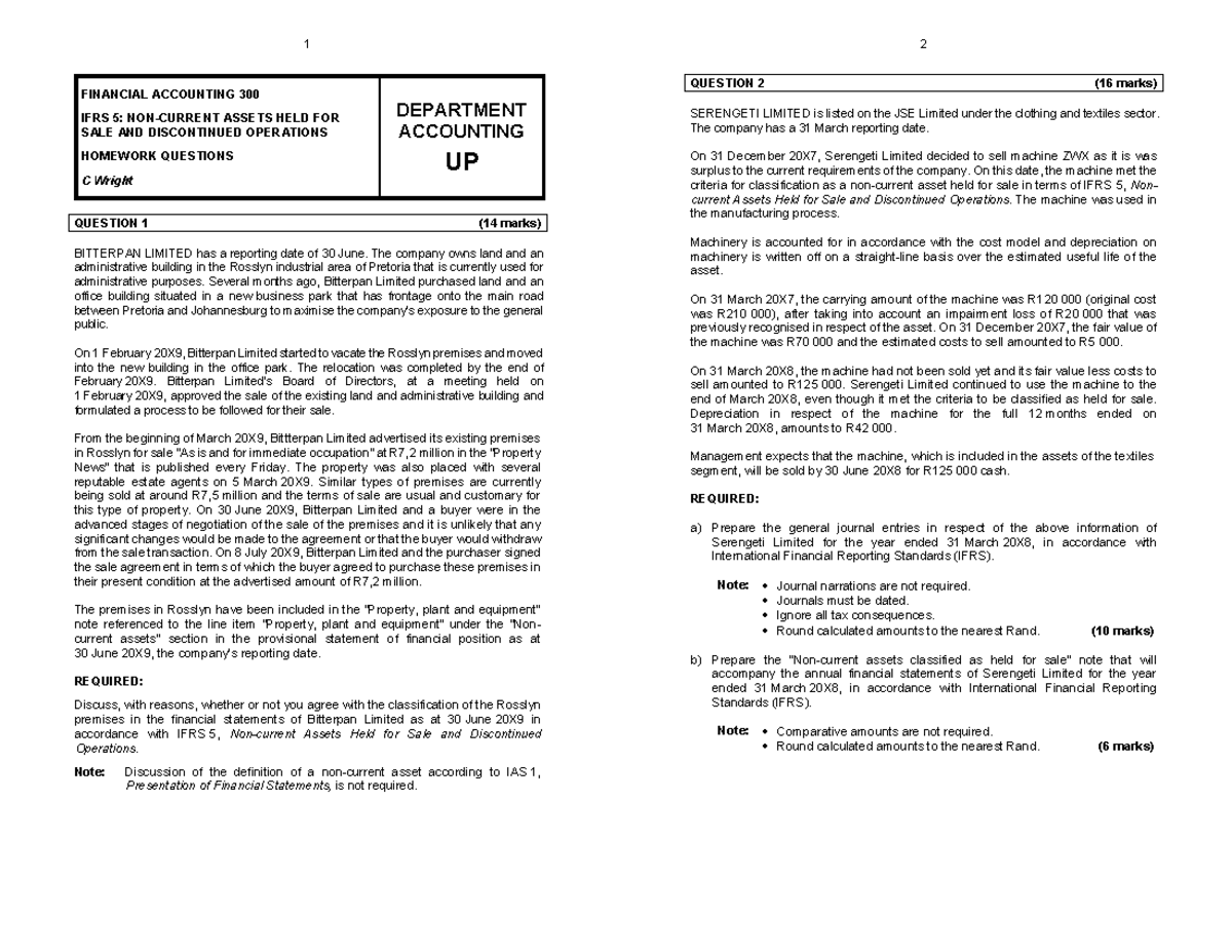 IFRS 5 Questions 2023 - FINANCIAL ACCOUNTING 300 IFRS 5: NON-CURRENT ASSETS HELD FOR SALE AND ...