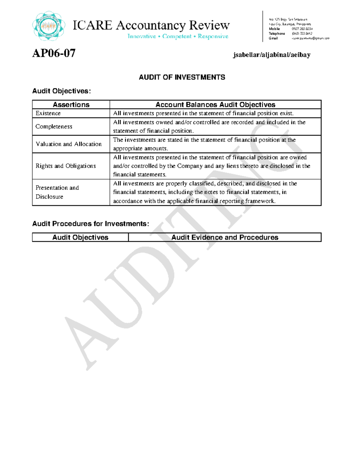 AP06-07- Audit-OF- Investments - AP0 6 - 07 jsabellar/aljabinal/aeibay ...