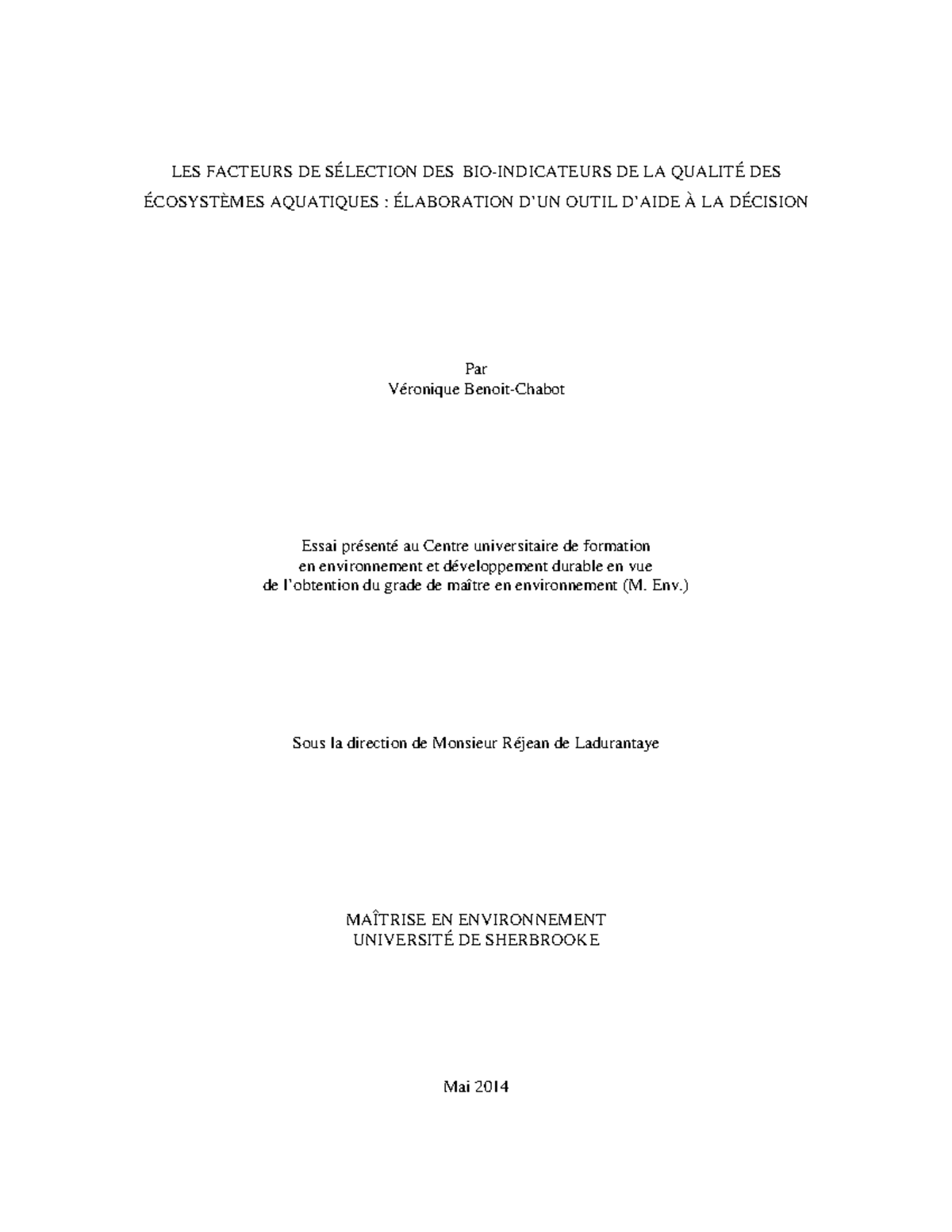 Les bio-indicateurs de la qualité des écosystèmes aquatiques ...