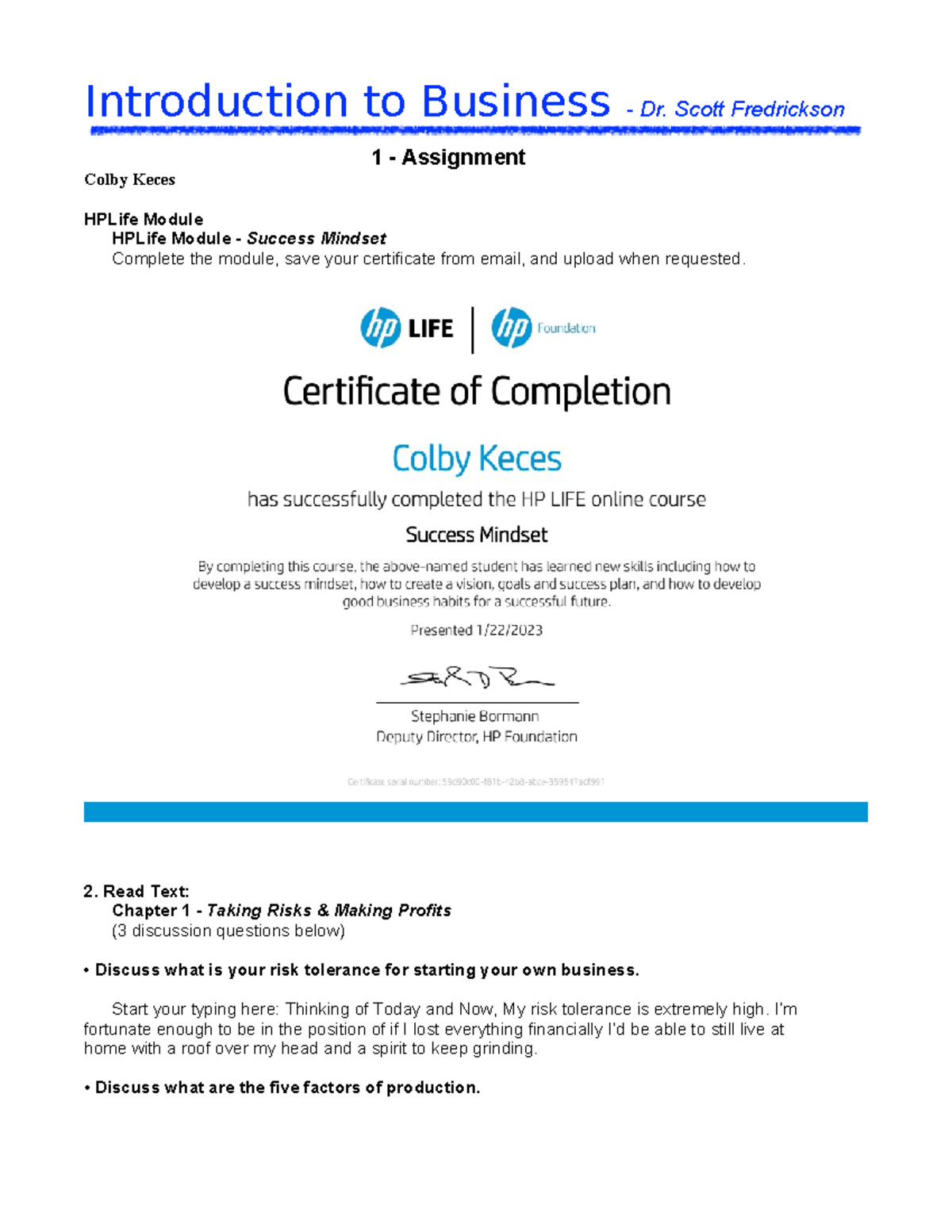 1-Assignment - assignments - Introduction to Business - Dr. Scott ...