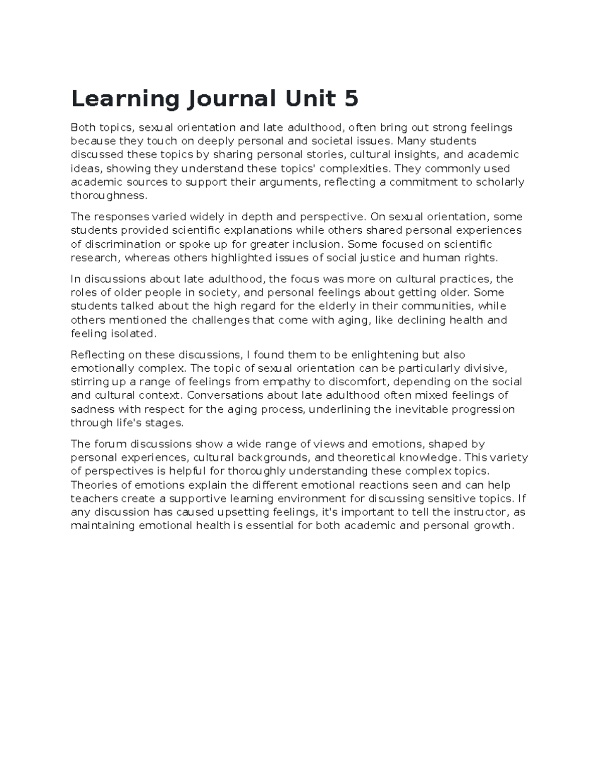 Learning Journal Unit 5 - Many students discussed these topics by ...
