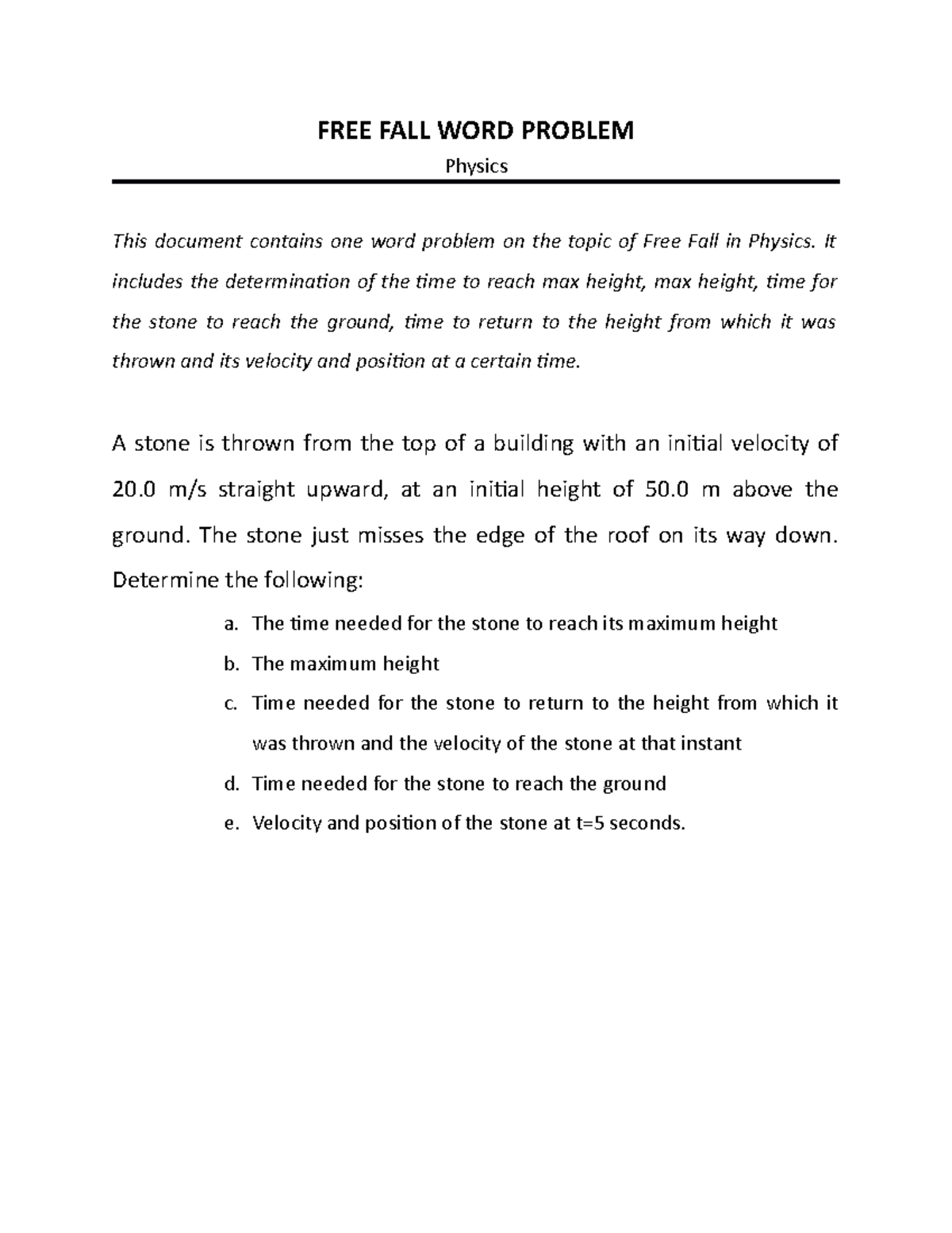 Physics - Free Fall Word Problem with Solution - FREE FALL WORD PROBLEM ...