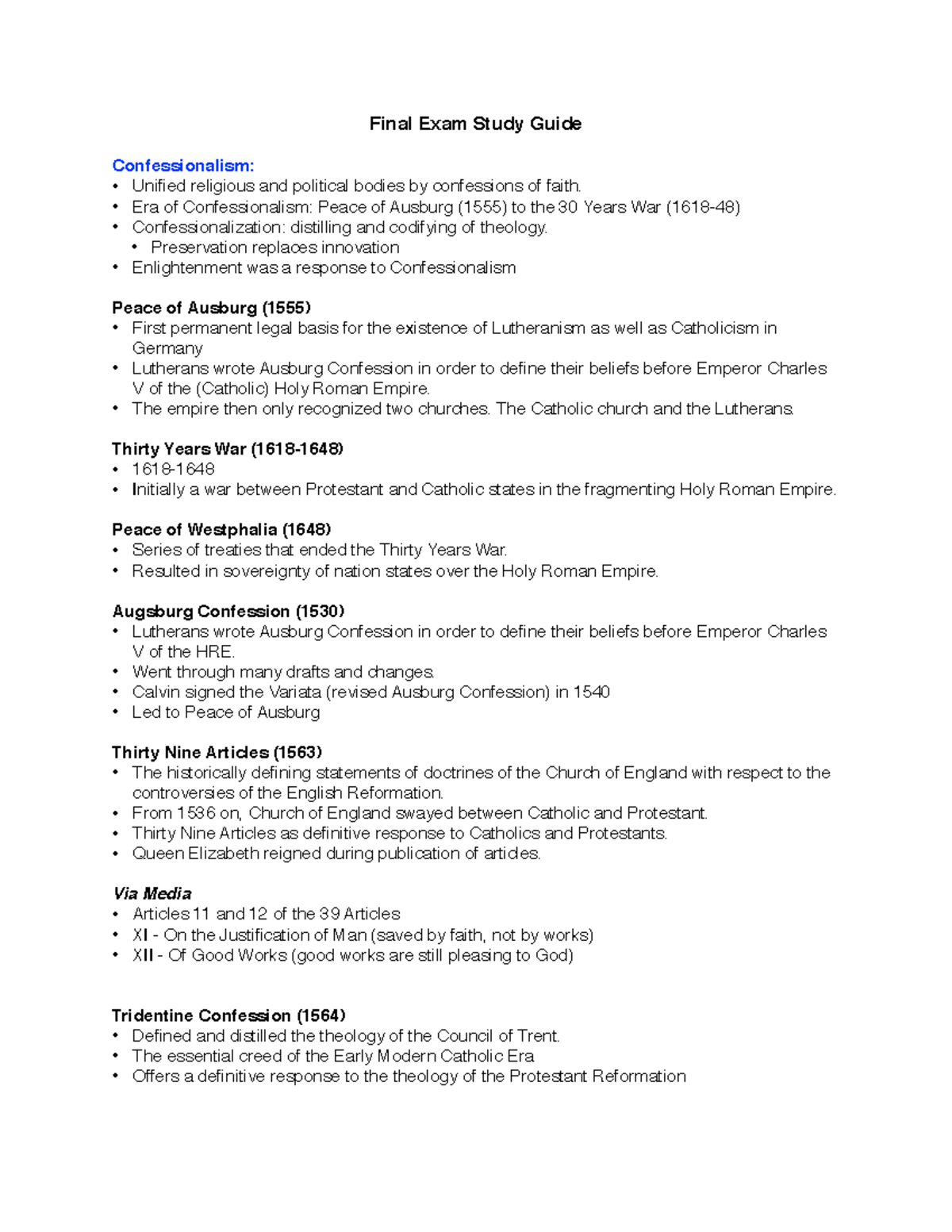 Christianity Final Study Guide - Final Exam Study Guide Confessionalism ...