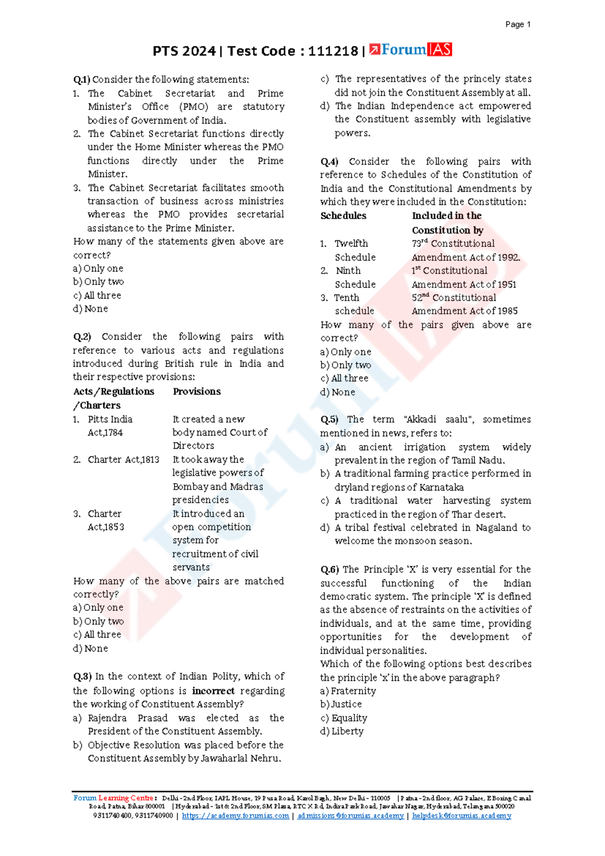 30. Forum IAS L3 TEST 1 Polity - PTS 2024 | Test Code : 111218 | Forum ...