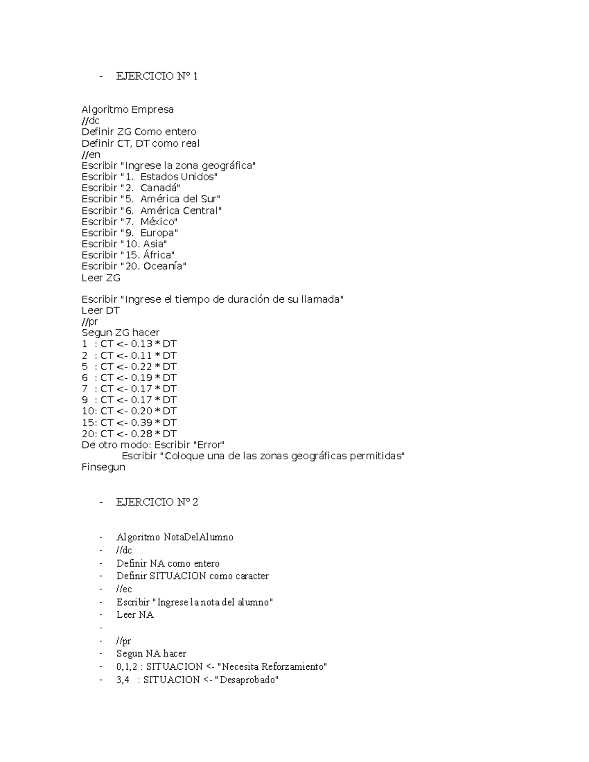 Ejercisios Algoritmos - EJERCICIO N° 1 Algoritmo Empresa //dc Definir ZG Como entero Definir CT ...