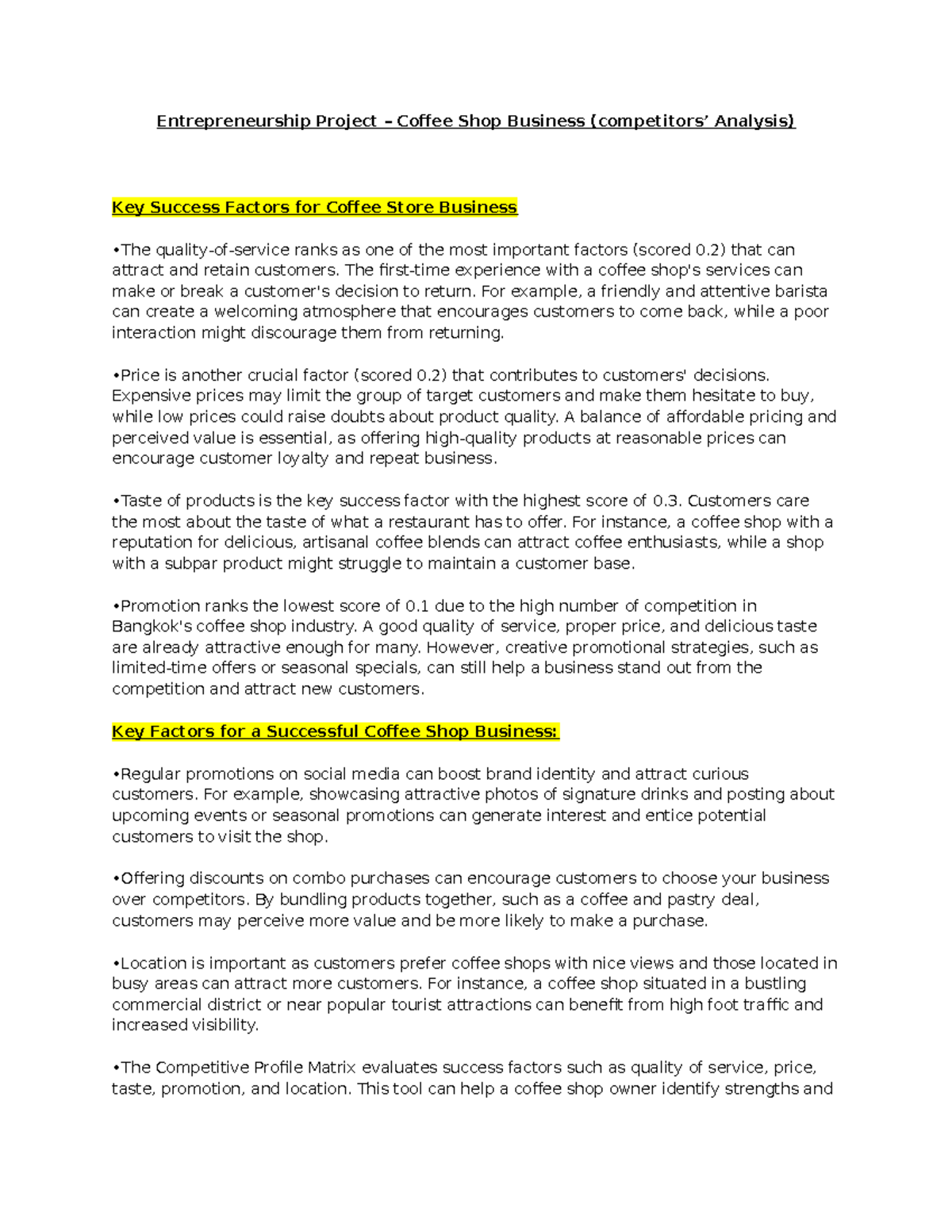 Entrepreneurship Project – Coffee Shop Business (competitors’ Analysis ...