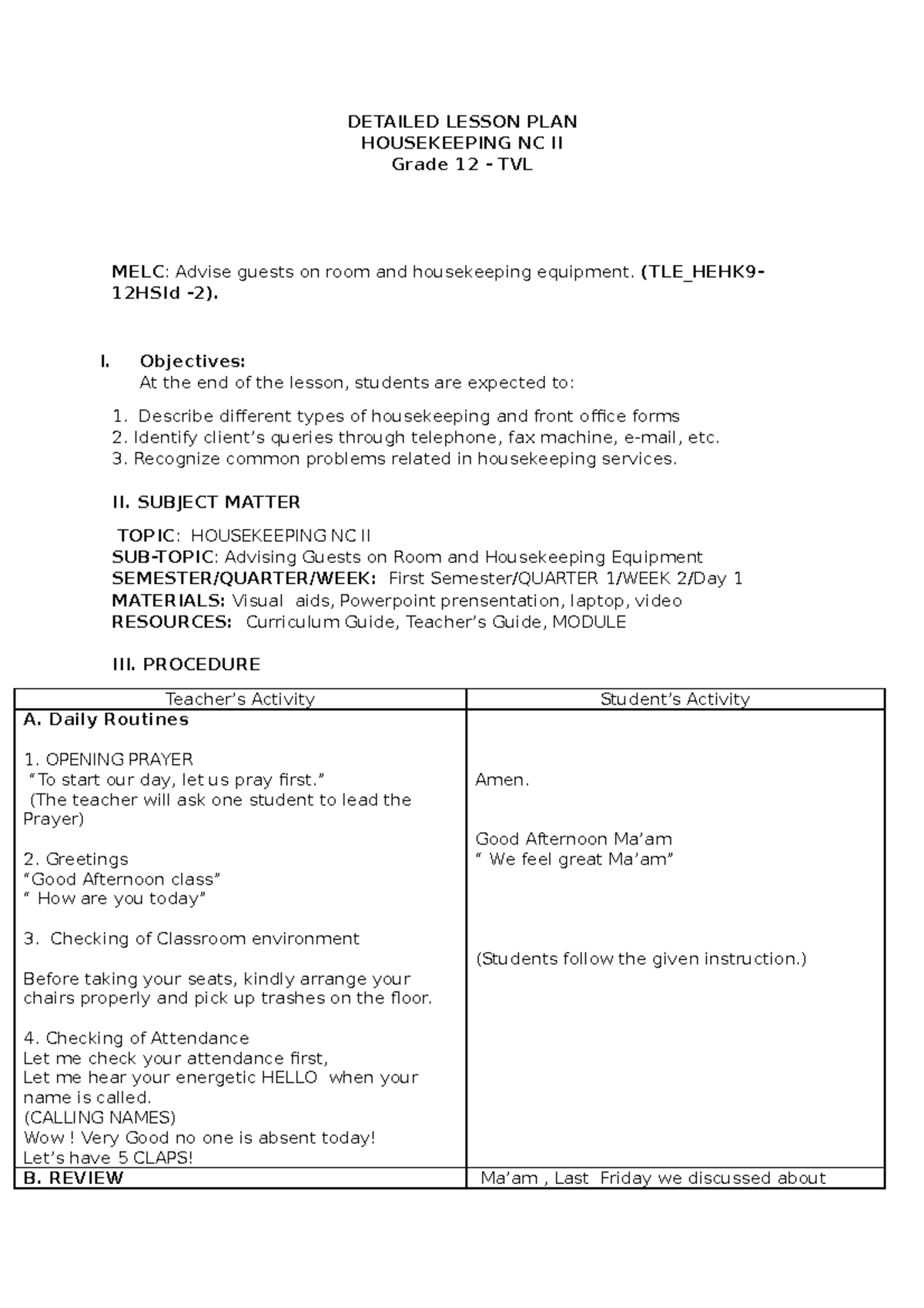 DLP - HK - HBKJKC - DETAILED LESSON PLAN HOUSEKEEPING NC II Grade 12 ...