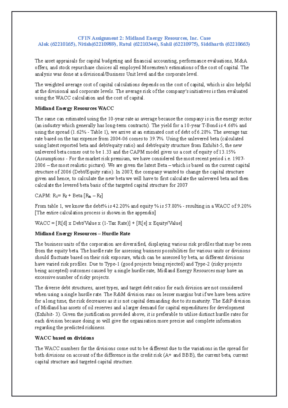 CFIN J13 Midland Energy Case - CFIN Assignment 2: Midland Energy ...