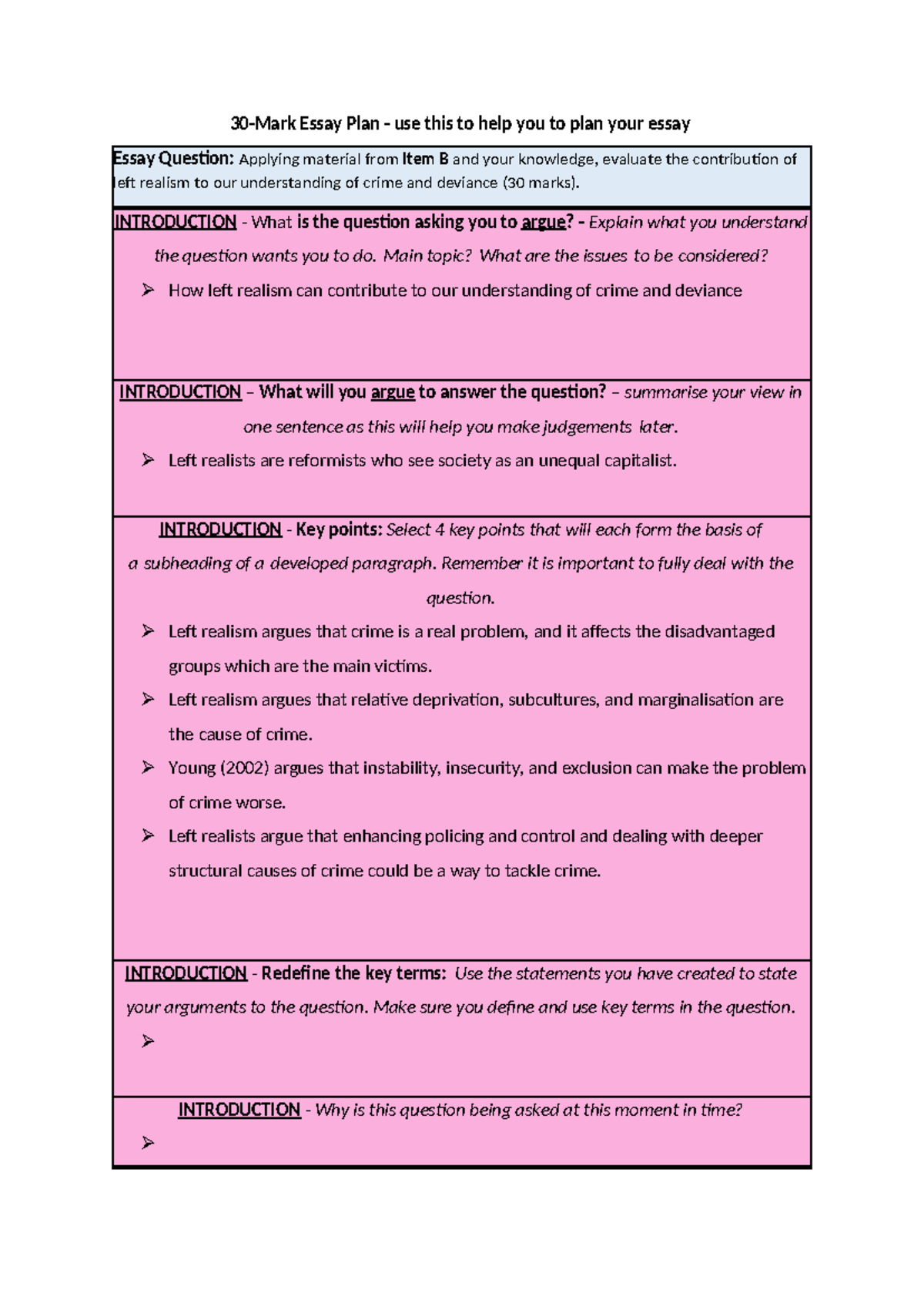 30-Mark Essay Plan for Crime and Deviance - 30-Mark Essay Plan - use ...