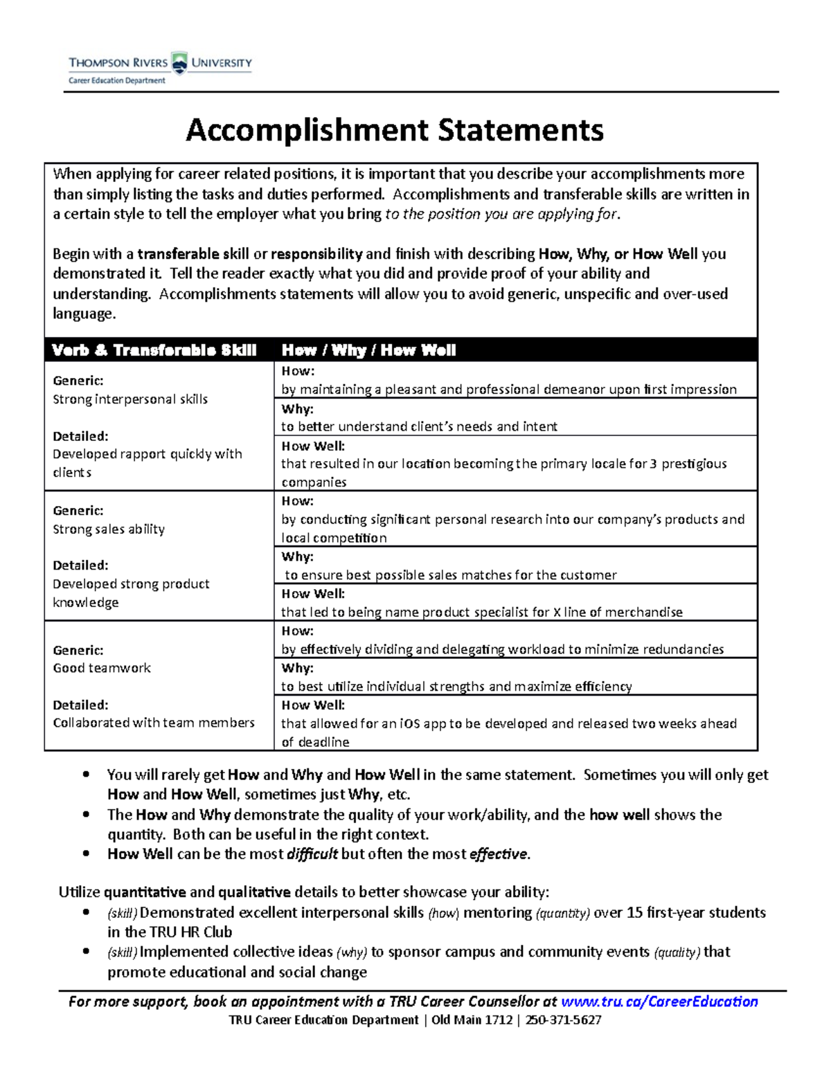 Accomplishment Statements Handout - Accomplishment Statements When ...