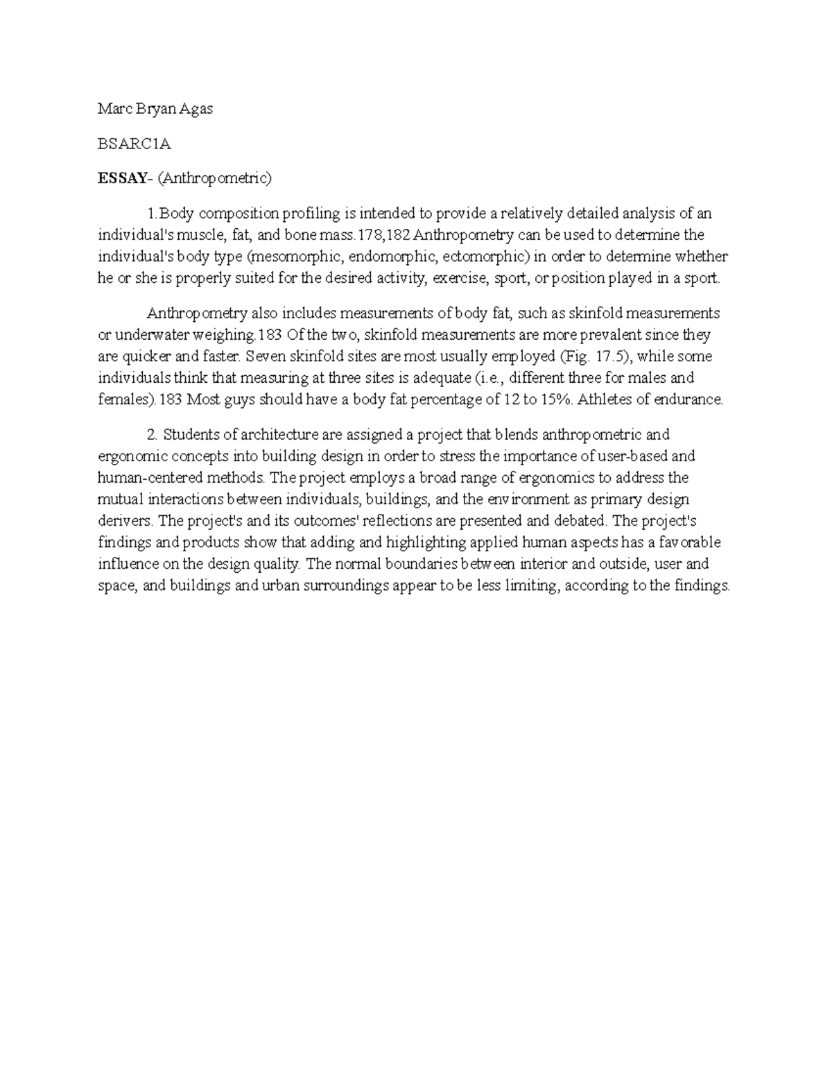 Act 1 - none - Marc Bryan Agas BSARC1A ESSAY- (Anthropometric) 1 ...