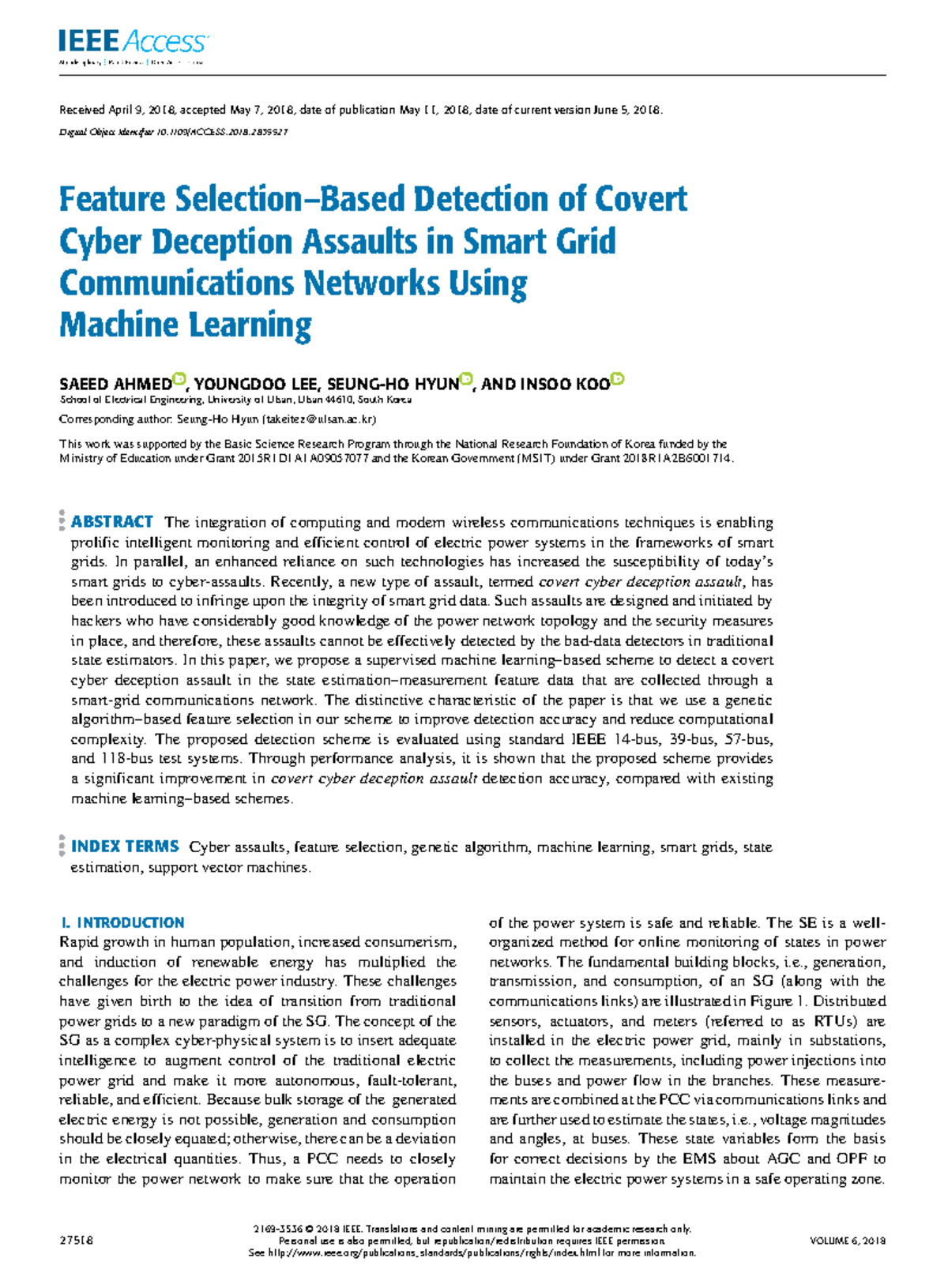 2018 June Feature Selection Based Detection Of Covert Cyber Deception Assaults In Smart Grid