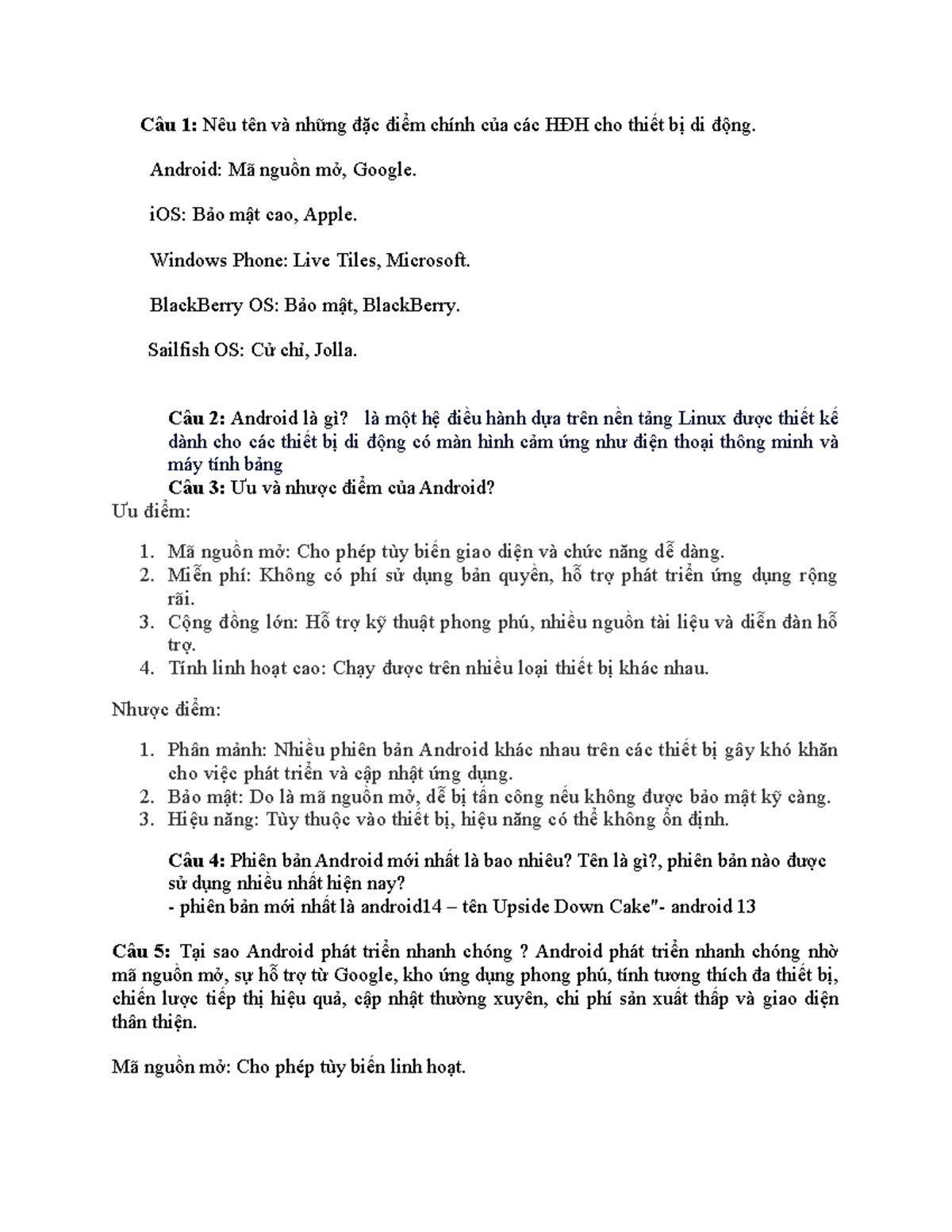 Laptrinhdidong - hay - Câu 1: Nêu tên và những đặc điểm chính của các HĐH cho thiết bị di động ...