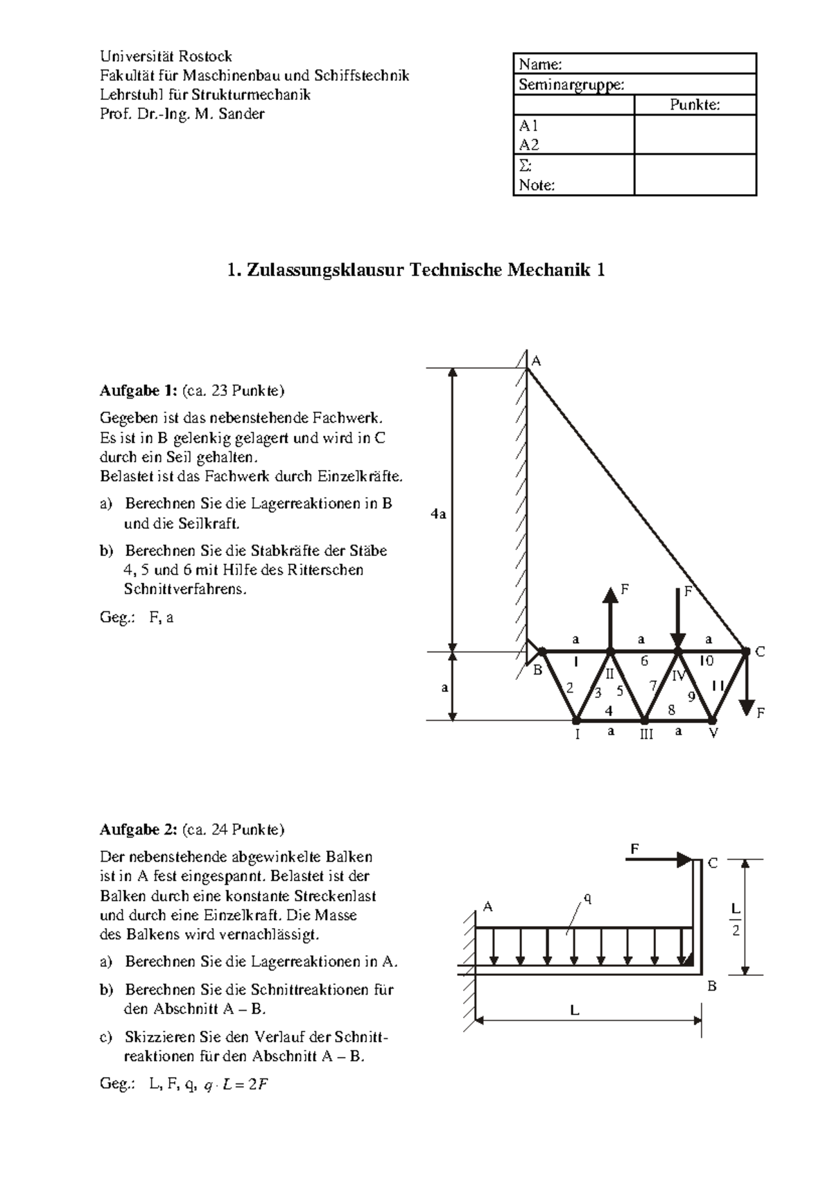 ZK4 TM1 - Zulassungsklausur - Universität Rostock Name: Seminargruppe ...