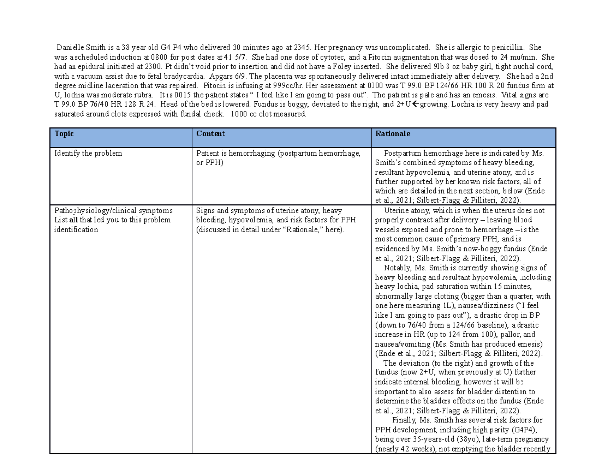 Postpartum Hemmorhage Case Study - Danielle Smith is a 38 year old G4 ...