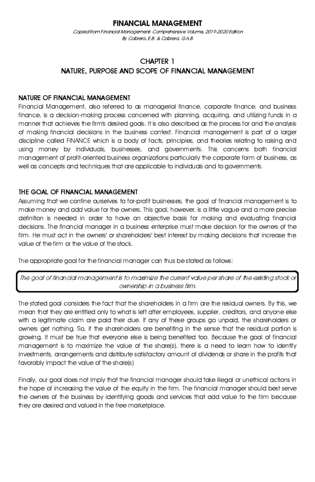 Chapter 1-4 FM - Handout for Introduction to Financial Management ...