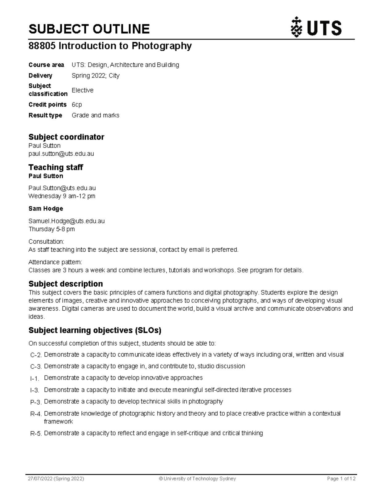 Photography Subject Outline - SUBJECT OUTLINE 88805 Introduction to ...