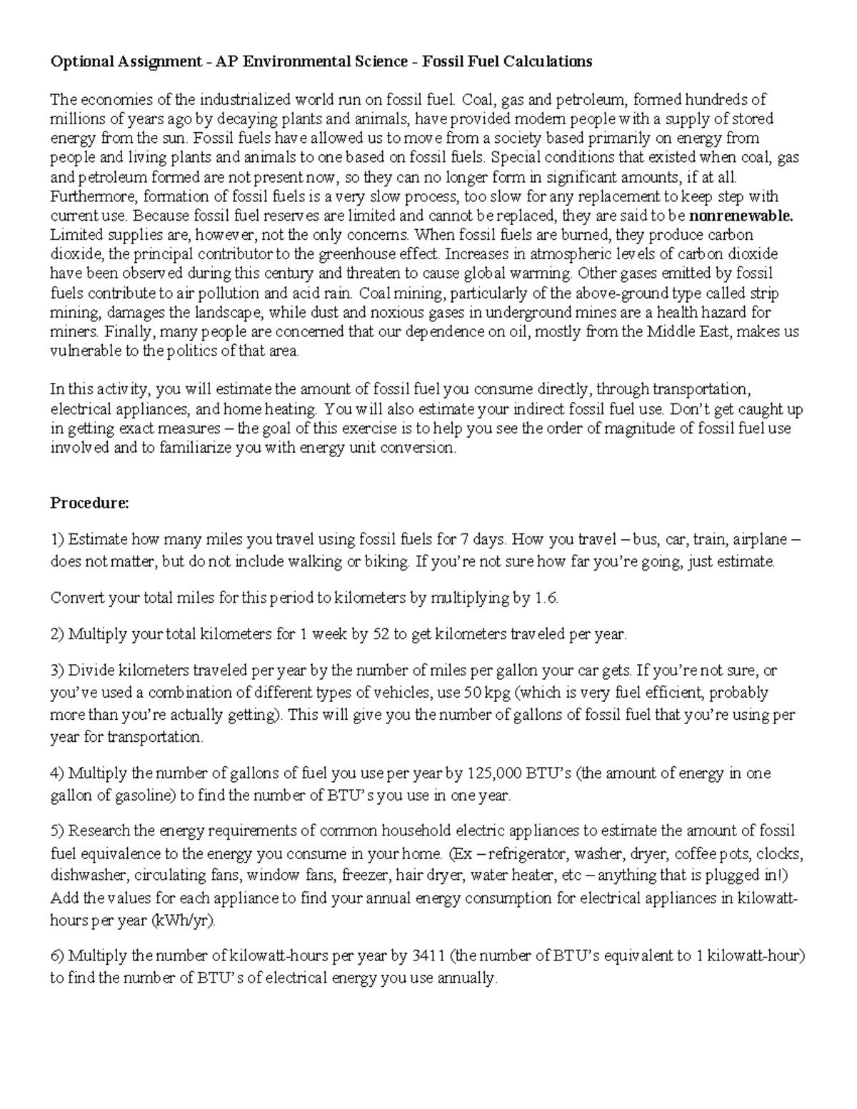 Fossil Fuel Calculation Activity - Optional Assignment - AP Environmental Science - Fossil Fuel ...