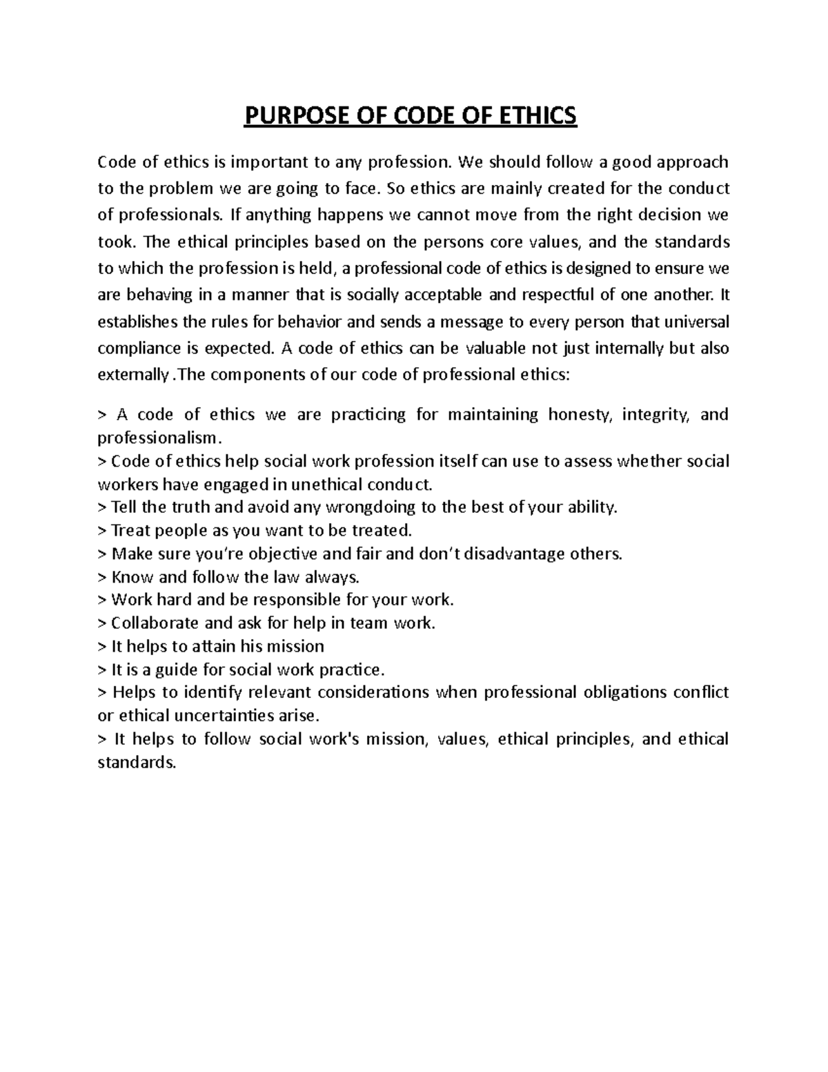 Purpose OF CODE OF Ethics - PURPOSE OF CODE OF ETHICS Code of ethics is ...