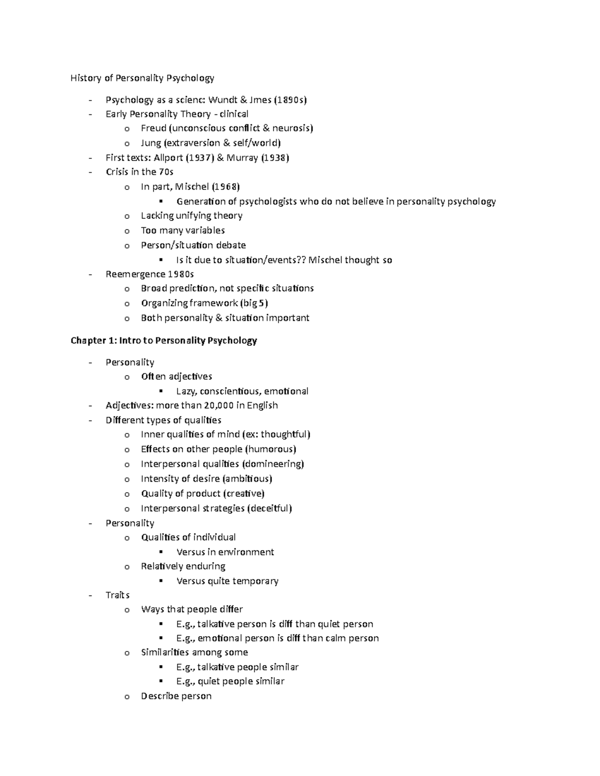 PERS Exam 1 content - History of Personality Psychology Psychology as a ...