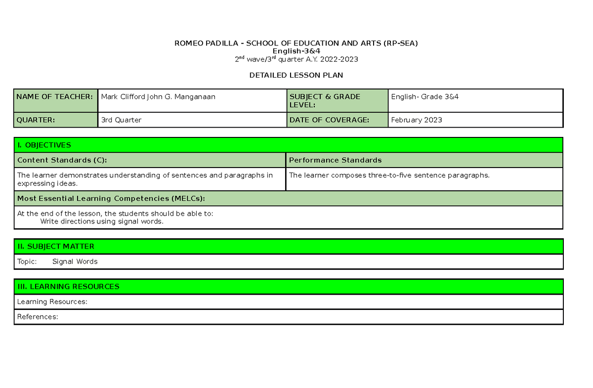 Manganaan, MARK Clifford JOHN BSE-ENG Lesson Plan - English-3& 2 nd wave/3rd quarter A. 2022 ...
