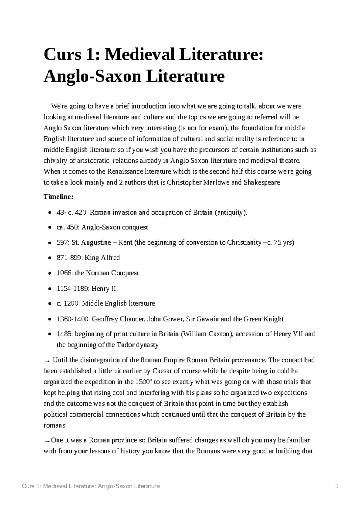 Curs 1 - Lecture notes - Curs 1: Medieval Literature: Anglo-Saxon ...