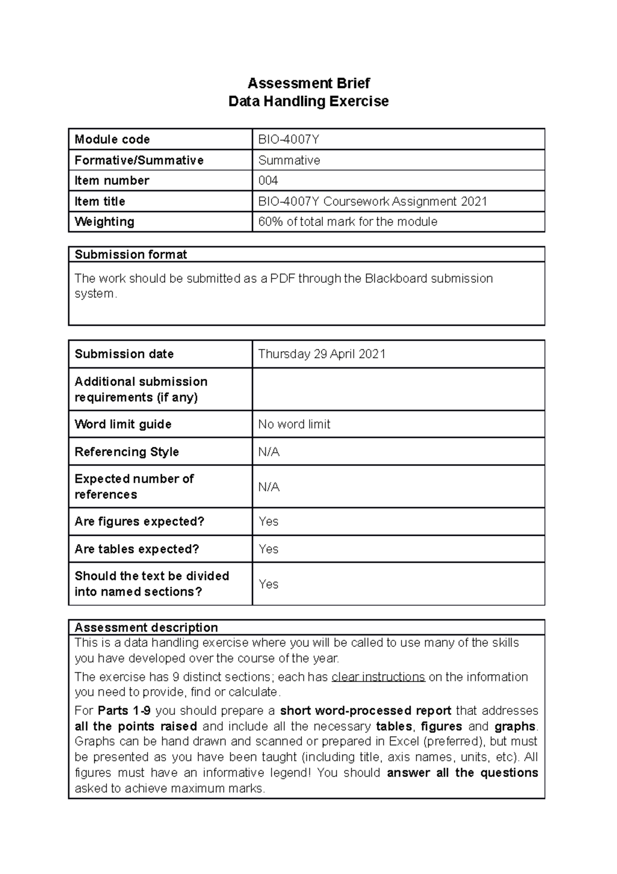 Assessment Brief for Data Handling Exercise - Assessment Brief Data ...