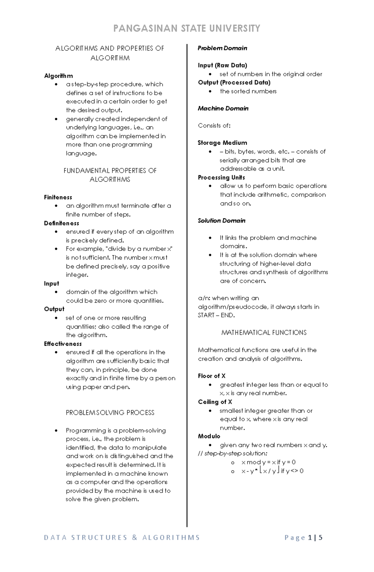 DSA SG1 SG2 Reviewer - ALGORITHMS AND PROPERTIES OF ALGORITHM Algorithm - a step-by-step ...