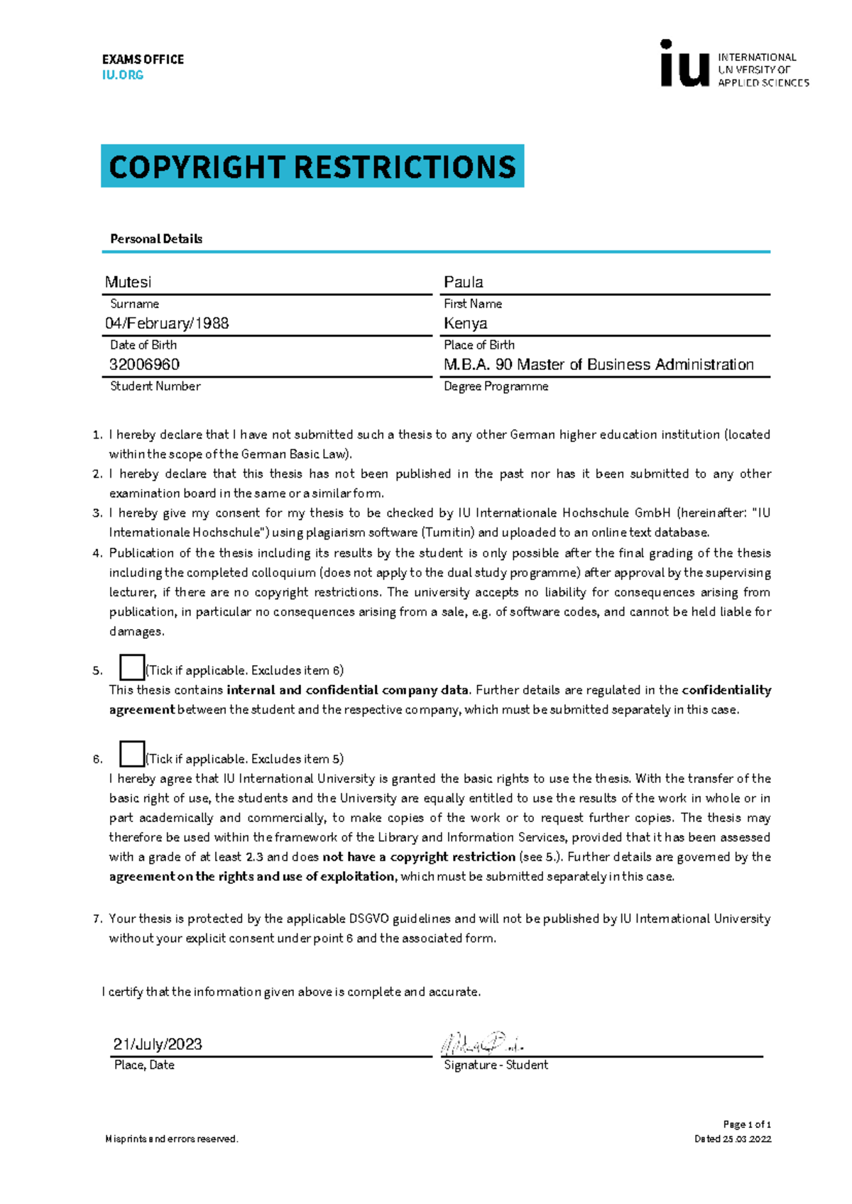 Copyright Restrictions 2022-03 (1) - (Tick if applicable. Excludes item ...