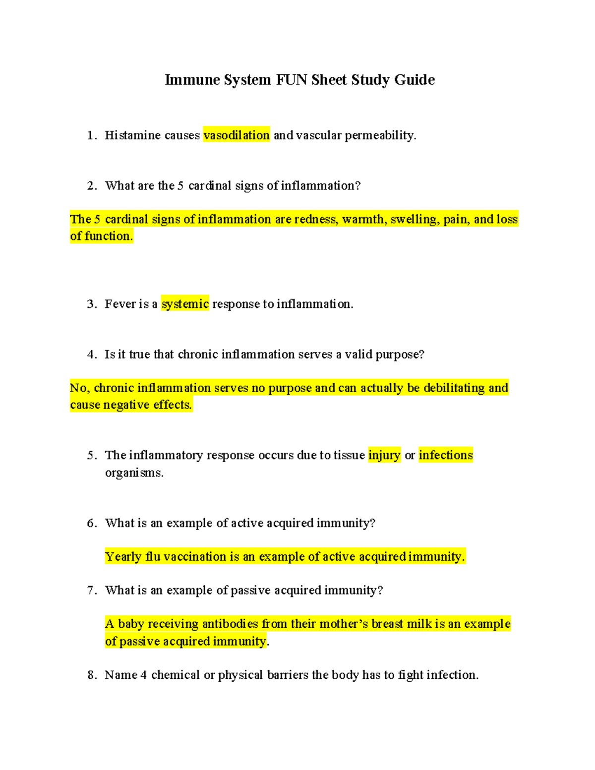 Immune FUN Sheet Student - Immune System FUN Sheet Study Guide ...