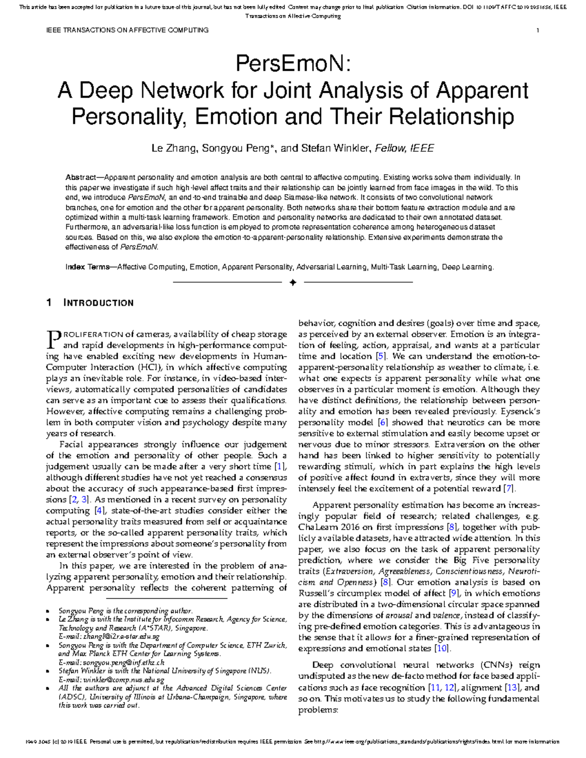 Pers Emo N 2019 - A Deep Network for Joint Analysis of Apparent Personality, Emotion and Their ...