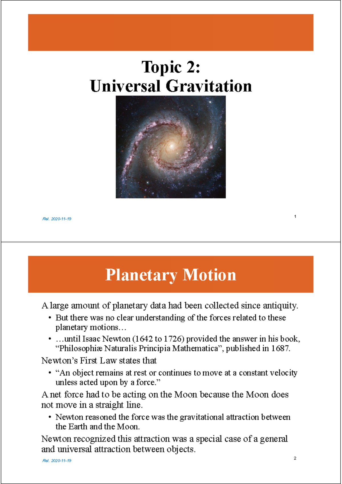 93 PHY2 Topic 2 - Universal Gravitation - Rel. 2019-10- Topic 2 ...