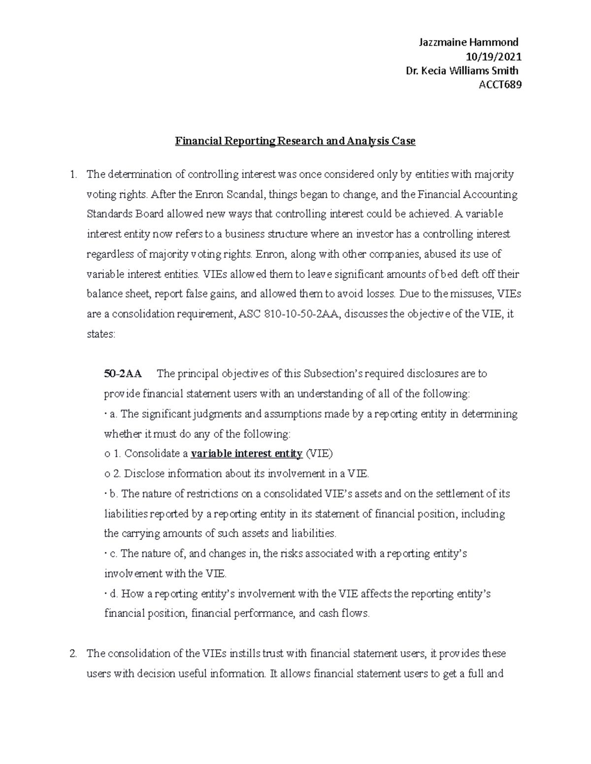 Financial Reporting Research and Analysis Case - ACCT 545 - North ...