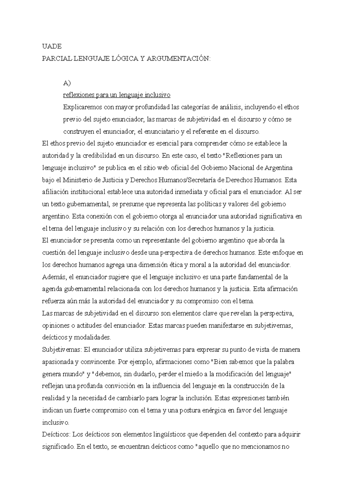 Lenguaje logica y argumetación - UADE PARCIAL LENGUAJE LÓGICA Y ARGUMENTACIÓN: A) reflexiones ...