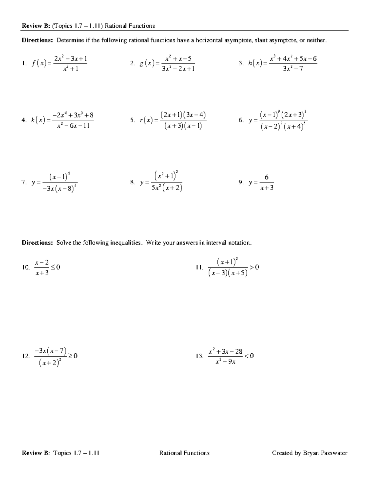 Review B - Topics 1.7 - 1.11 Rational Functions - Review B: (Topics 1 ...