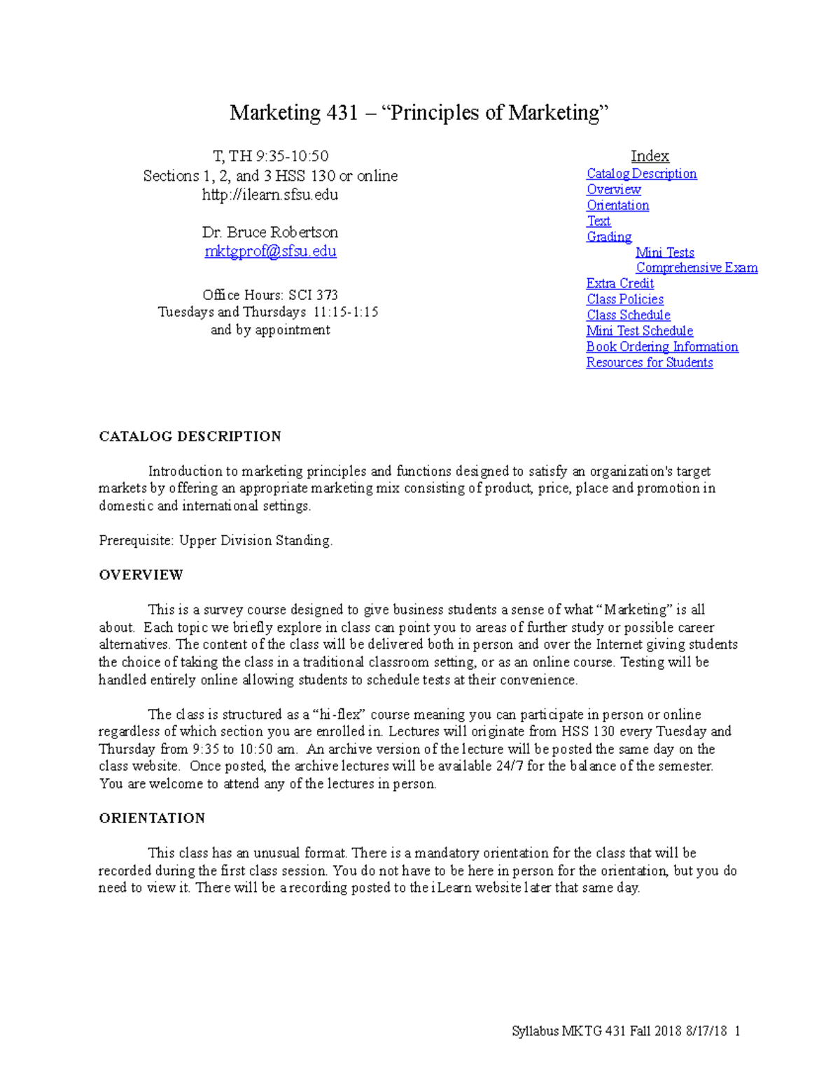 MKTG 431 Bruce Robertson - Marketing 431 – “Principles of Marketing” T ...