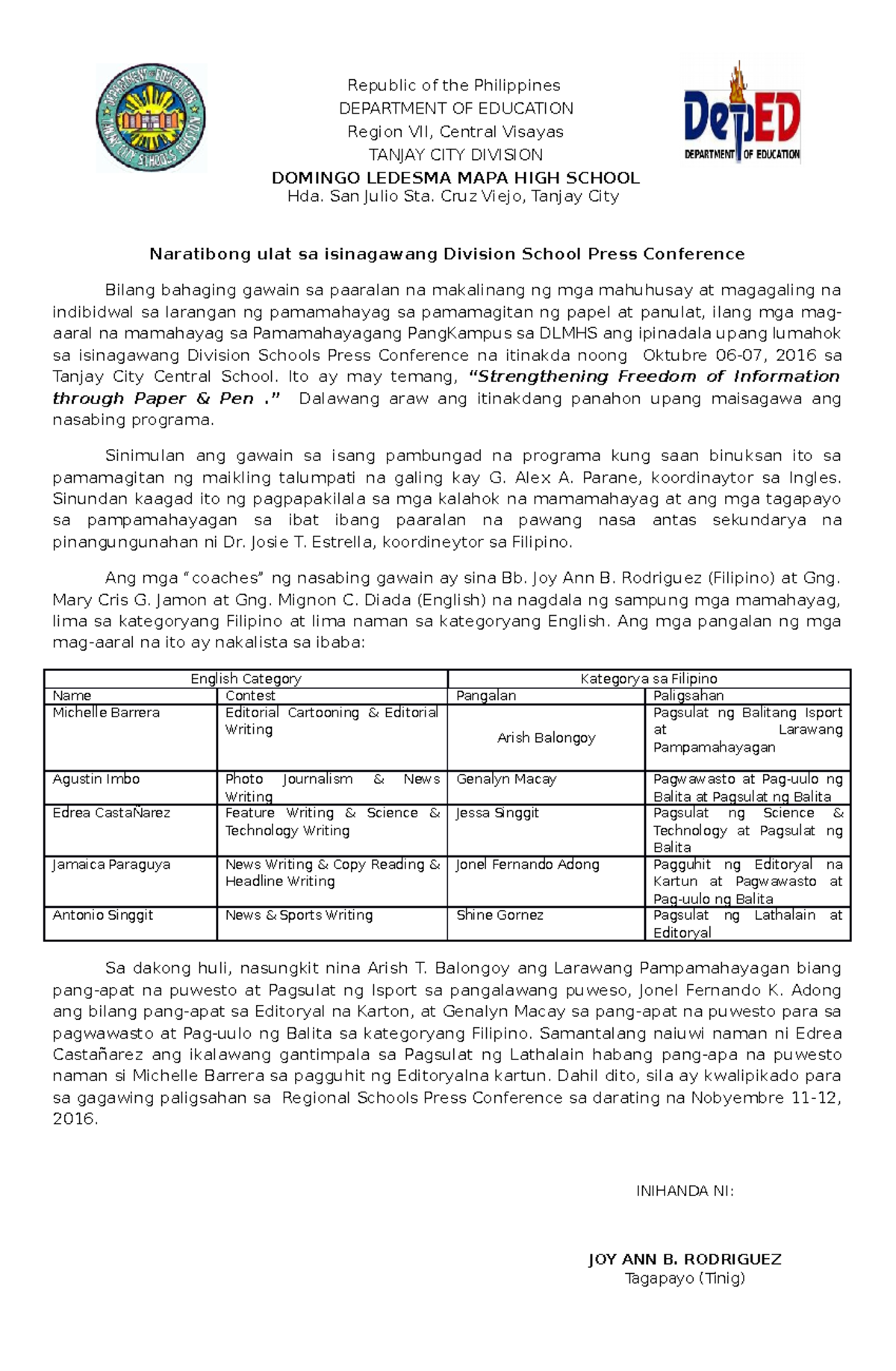 Accomplishment Report (school press conference) - Republic of the ...