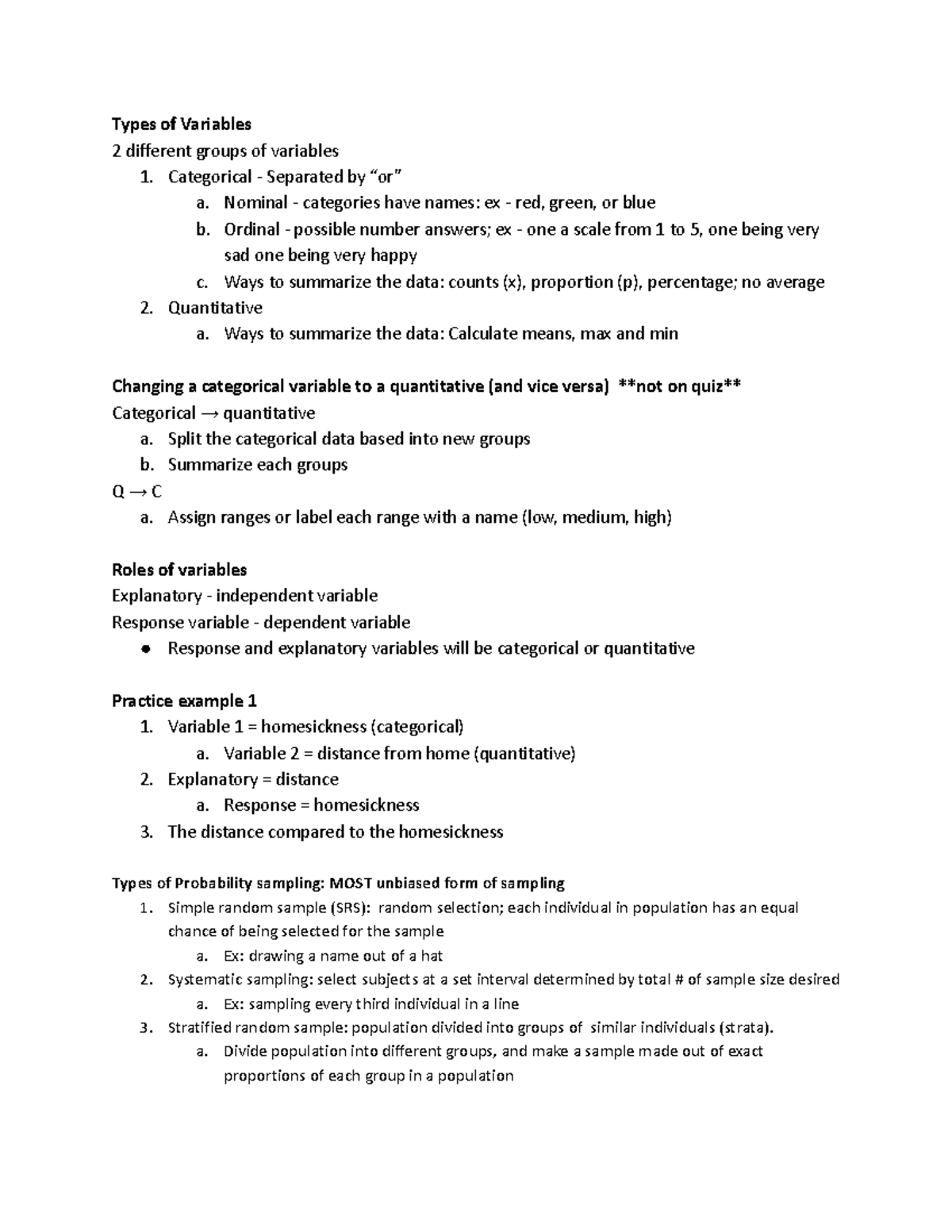 Stat quiz 1 review - Types of Variables 2 different groups of variables ...