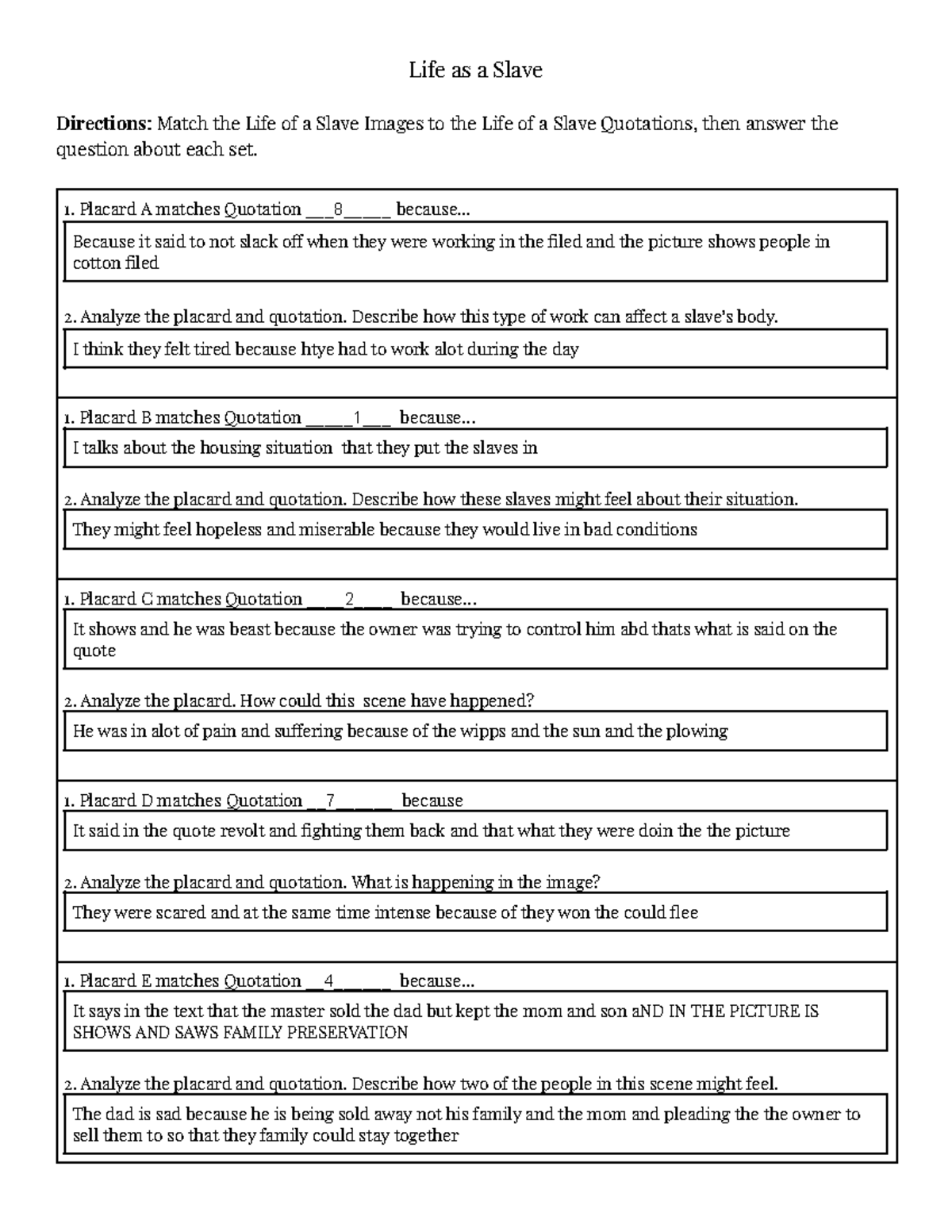 Life as a Slave Matching Worksheet - Life as a Slave Directions: Match ...