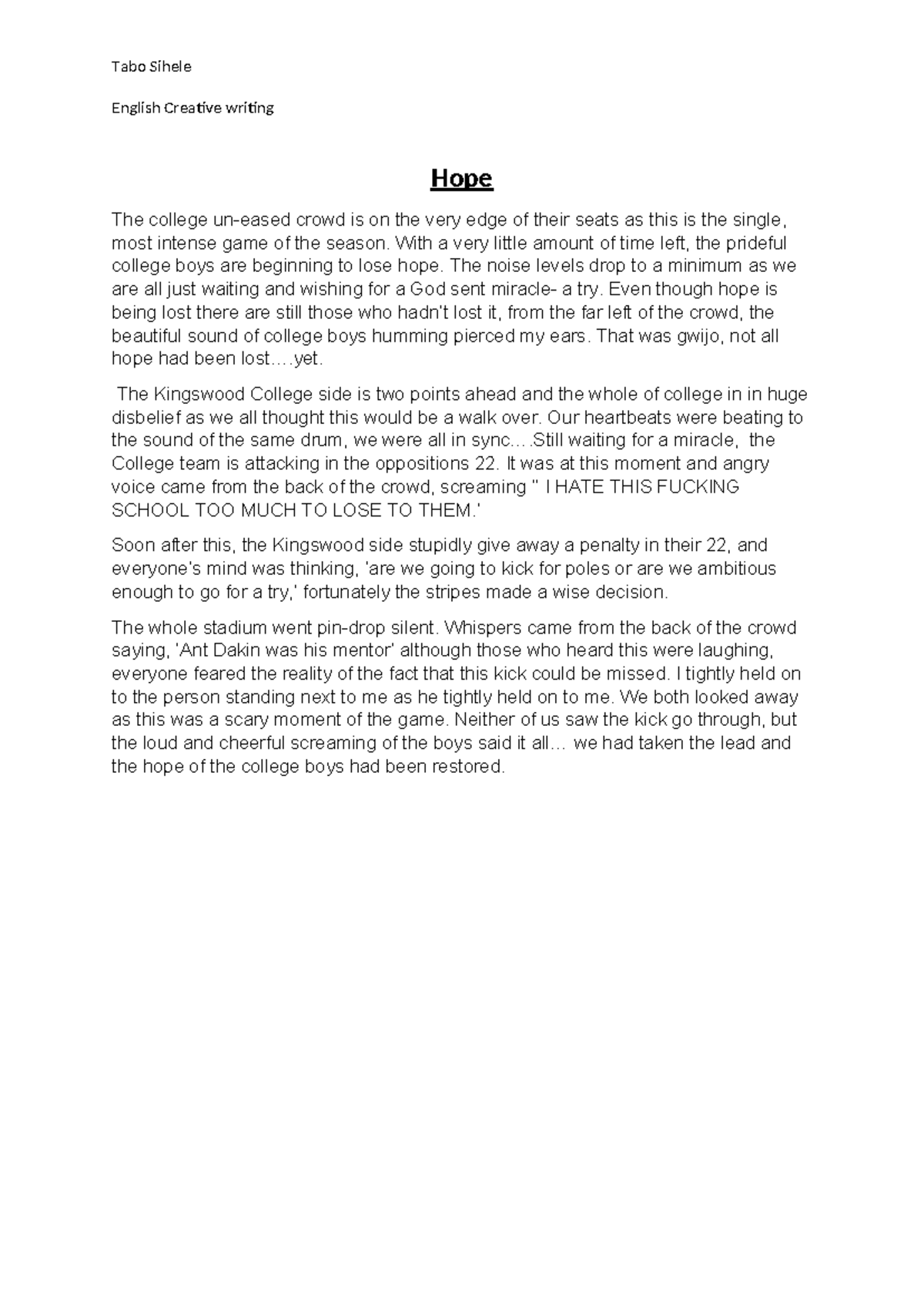 Discriptive essay - grade 11 work - Tabo Sihele English Creative ...