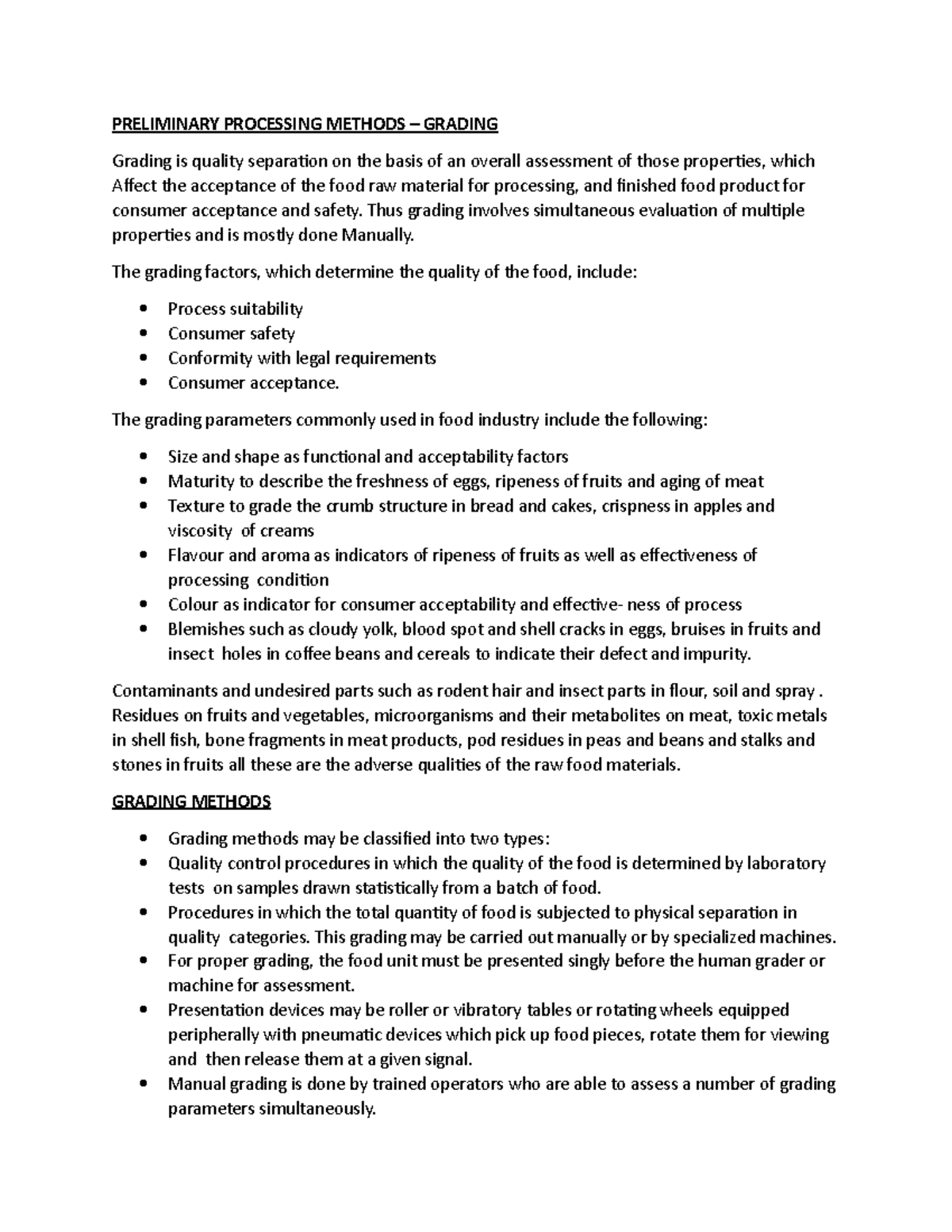 Preliminary processing methods- grading - PRELIMINARY PROCESSING ...