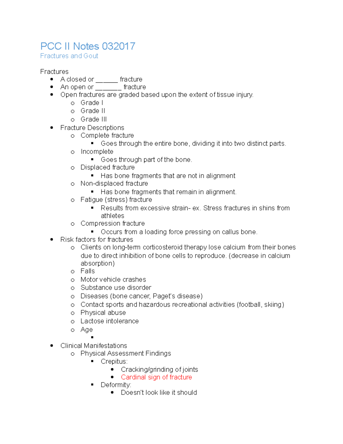 PCC II Notes 032017 - PCC II Notes 032017 Fractures and Gout Fractures ...