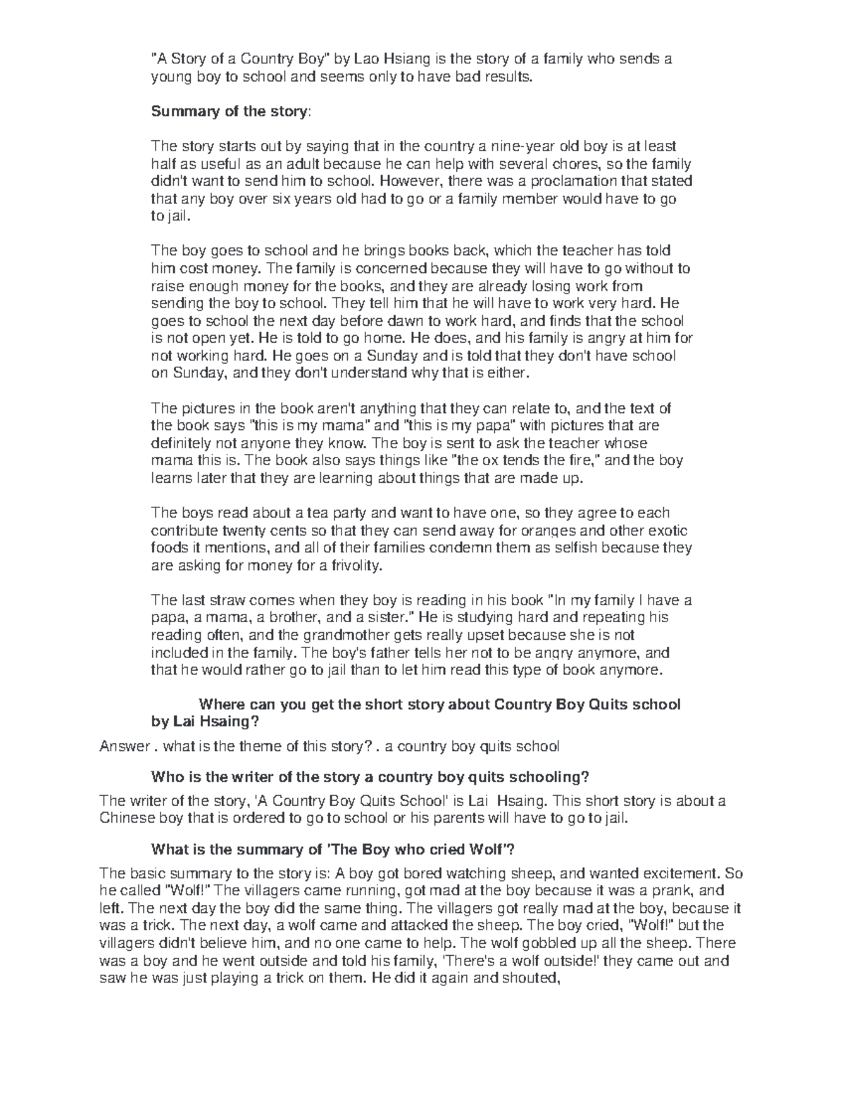 Toaz - "A Story of a Country Boy" by Lao Hsiang is the story of a ...