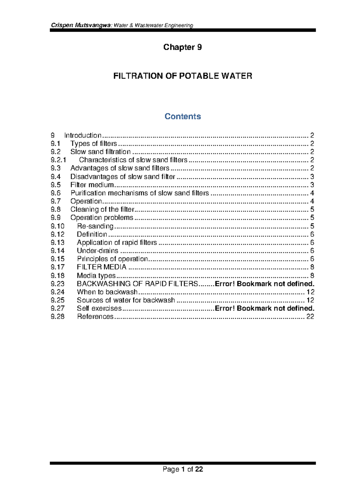 Chapter 9 Slow Rapid filters - FILTRATION OF POTABLE WATER Chapter 9 ...