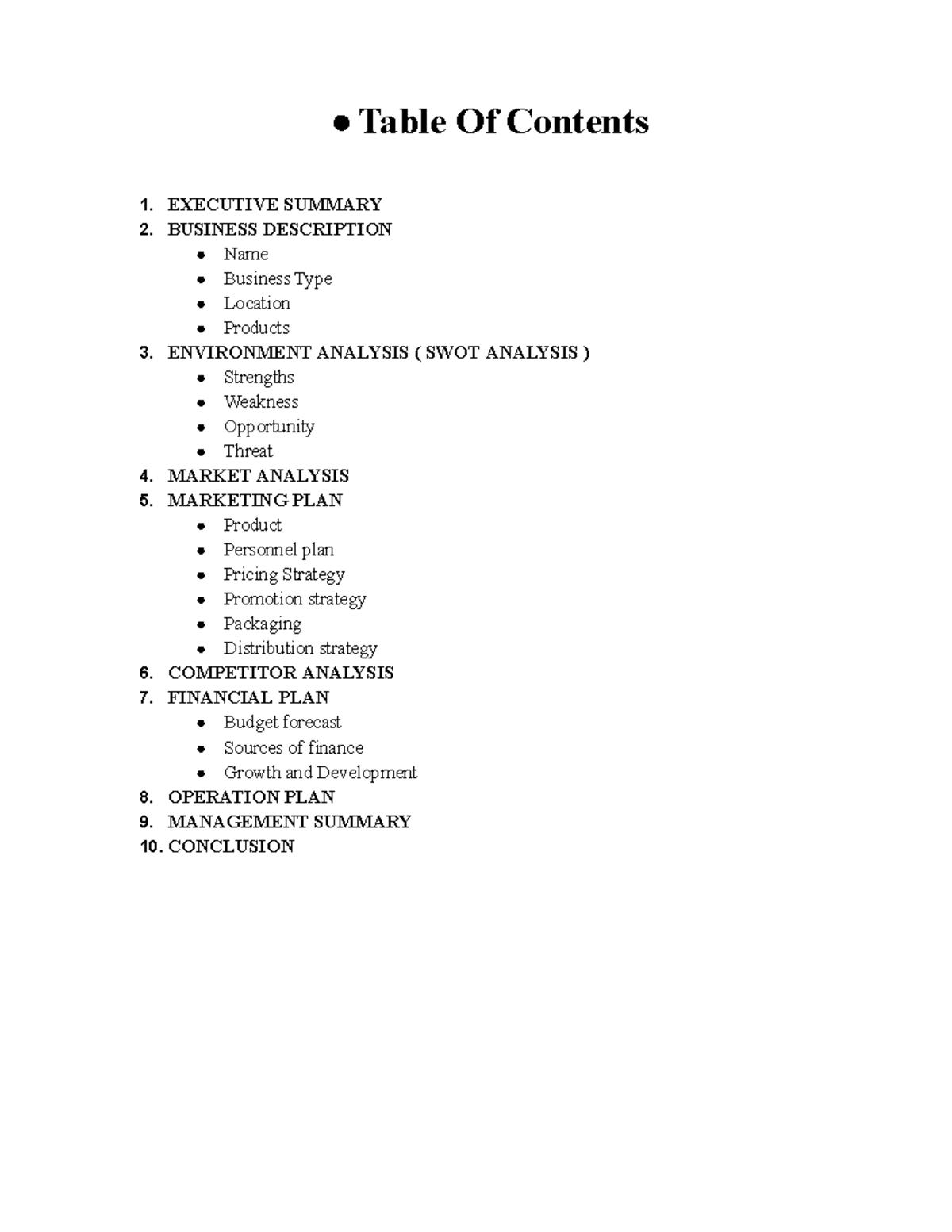 Initial Business Plan - Table Of Contents 1. EXECUTIVE SUMMARY 2 ...