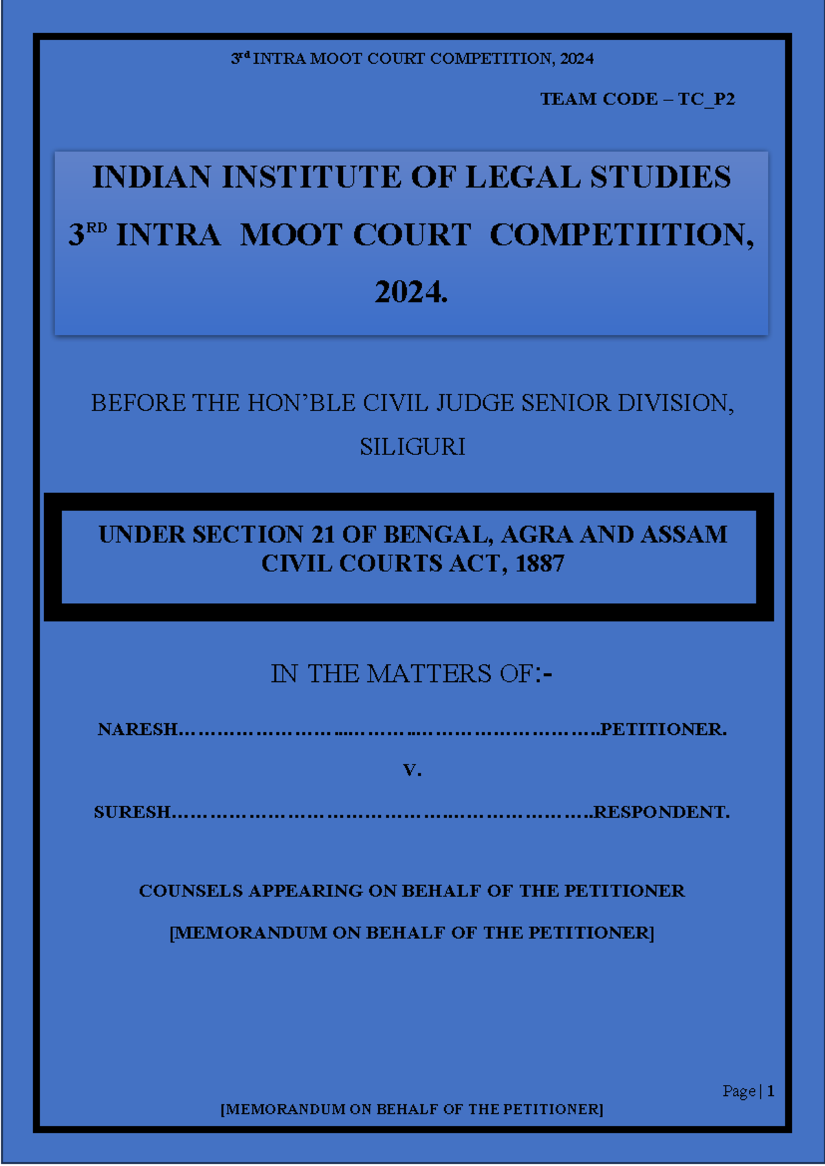 Petitioner - Final - TEAM CODE – TC_P BEFORE THE HON’BLE CIVIL JUDGE ...