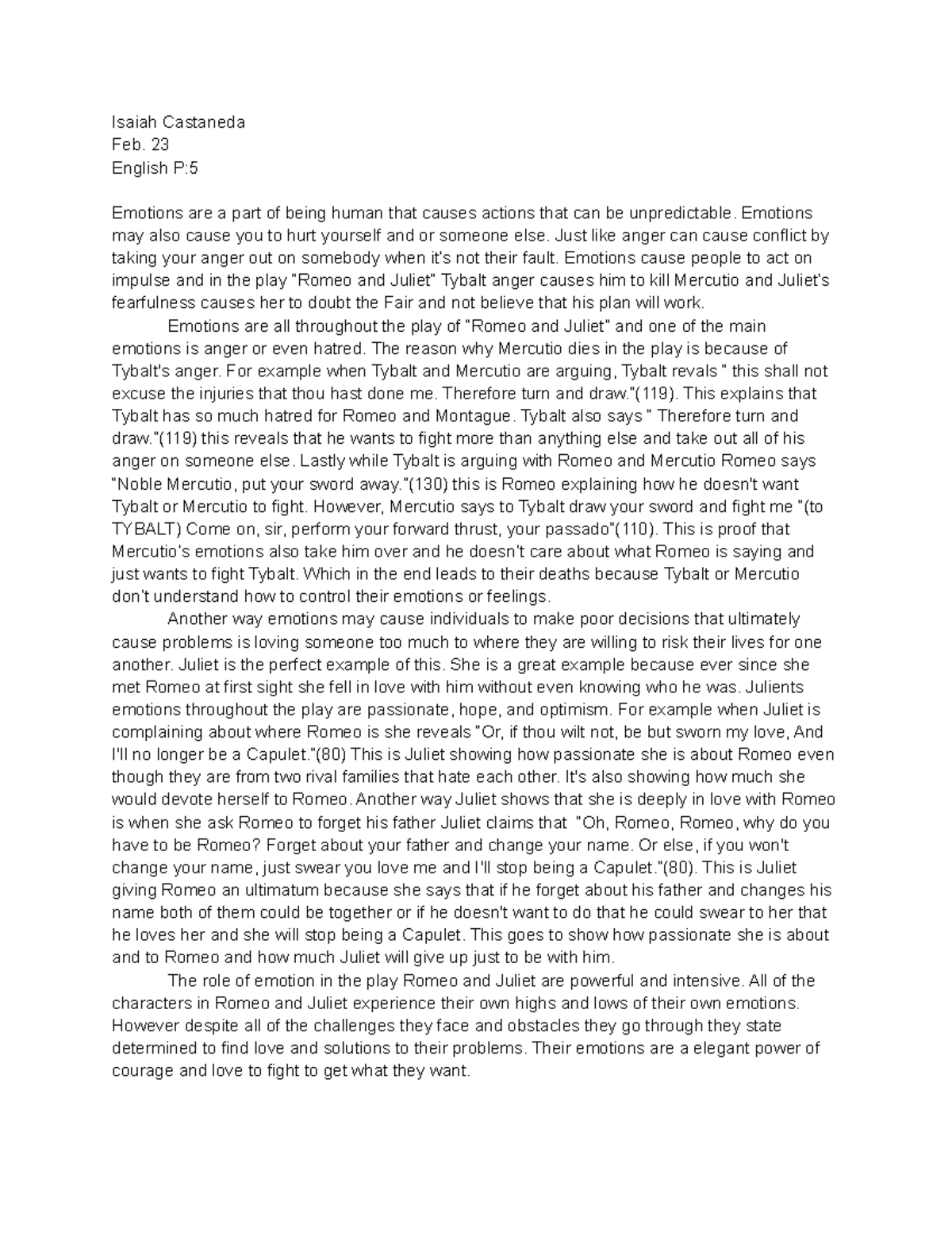 Romeo and Juliet Essay, February 2022 Isaiah Castaneda - Isaiah ...
