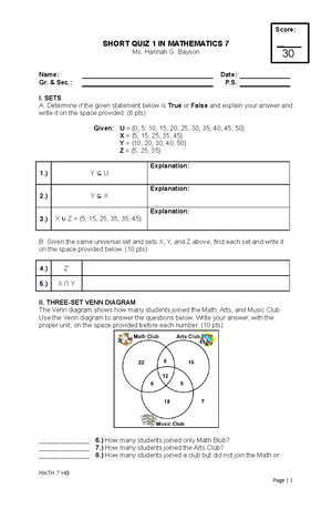 Grade 7 - Sets and Venn Diagrams (Worksheet 1) - Mathematics 7 - Studocu