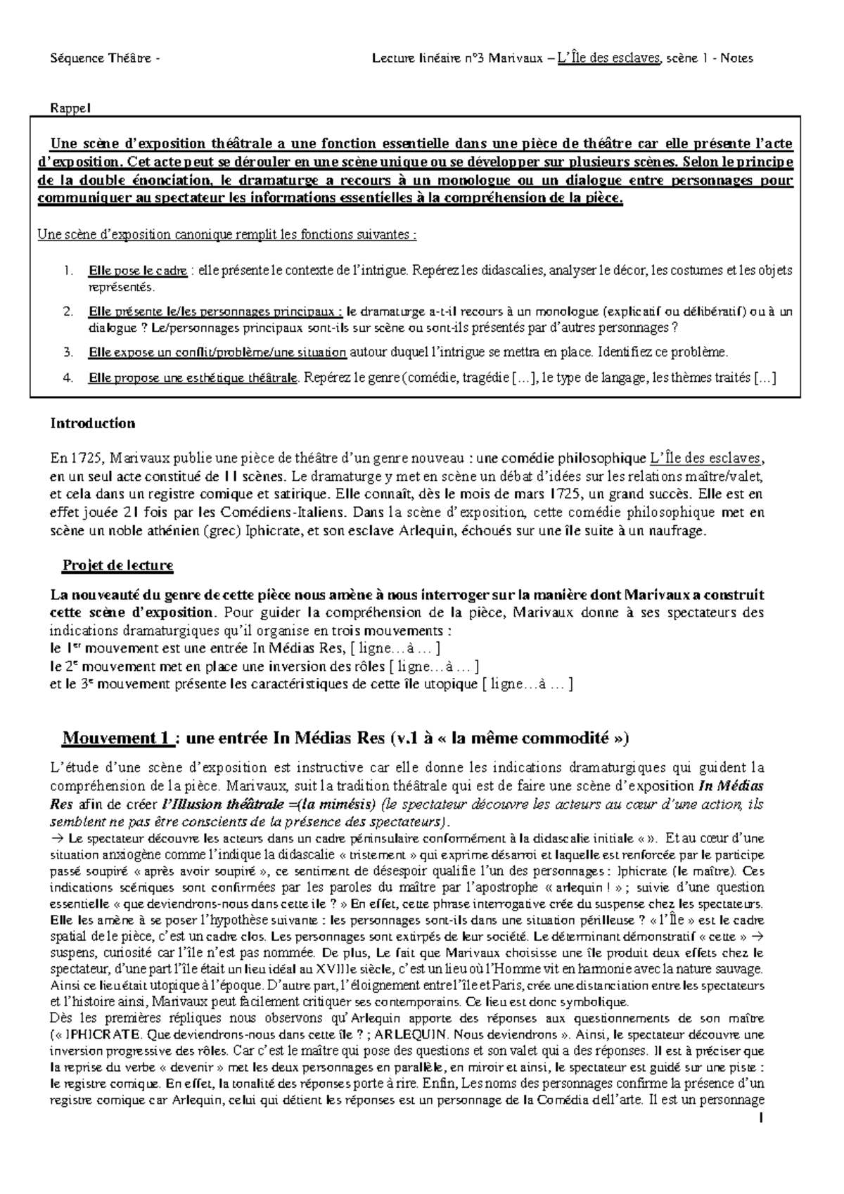 Lecture lineaire e marivaux iles des esclaves scene exposition - Rappel ...