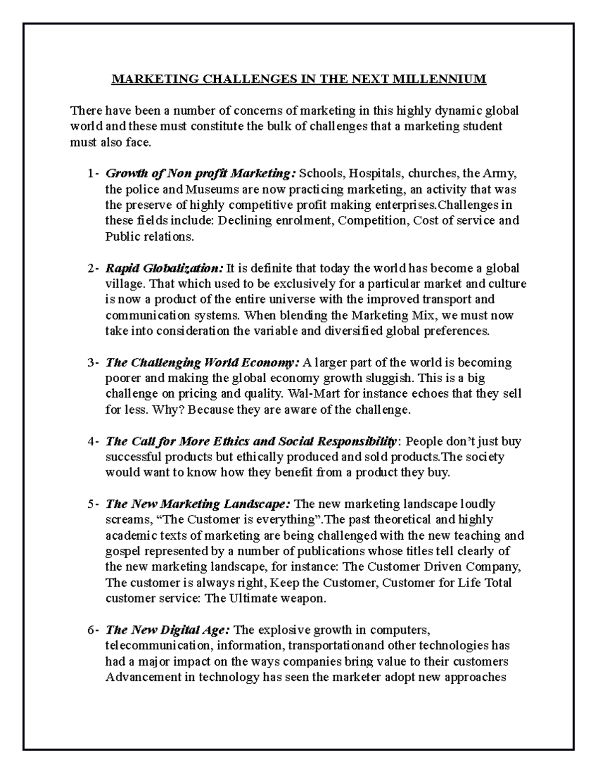 Marketing Challenges IN THE NEXT Millennium MARKETING CHALLENGES IN